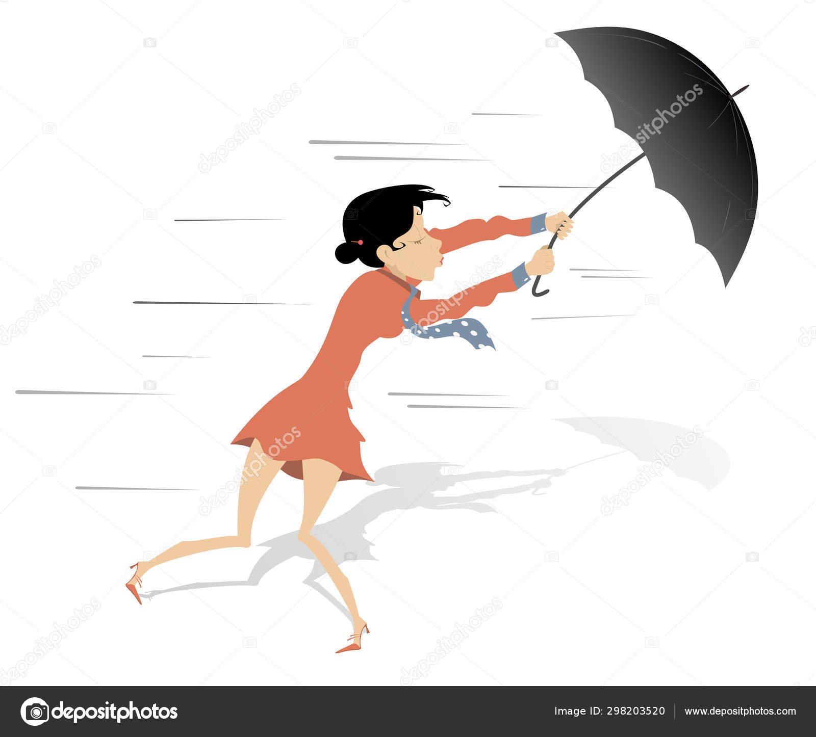 Strong Wind Rain Woman Umbrella Illustration Cartoon Woman Umbrella ...