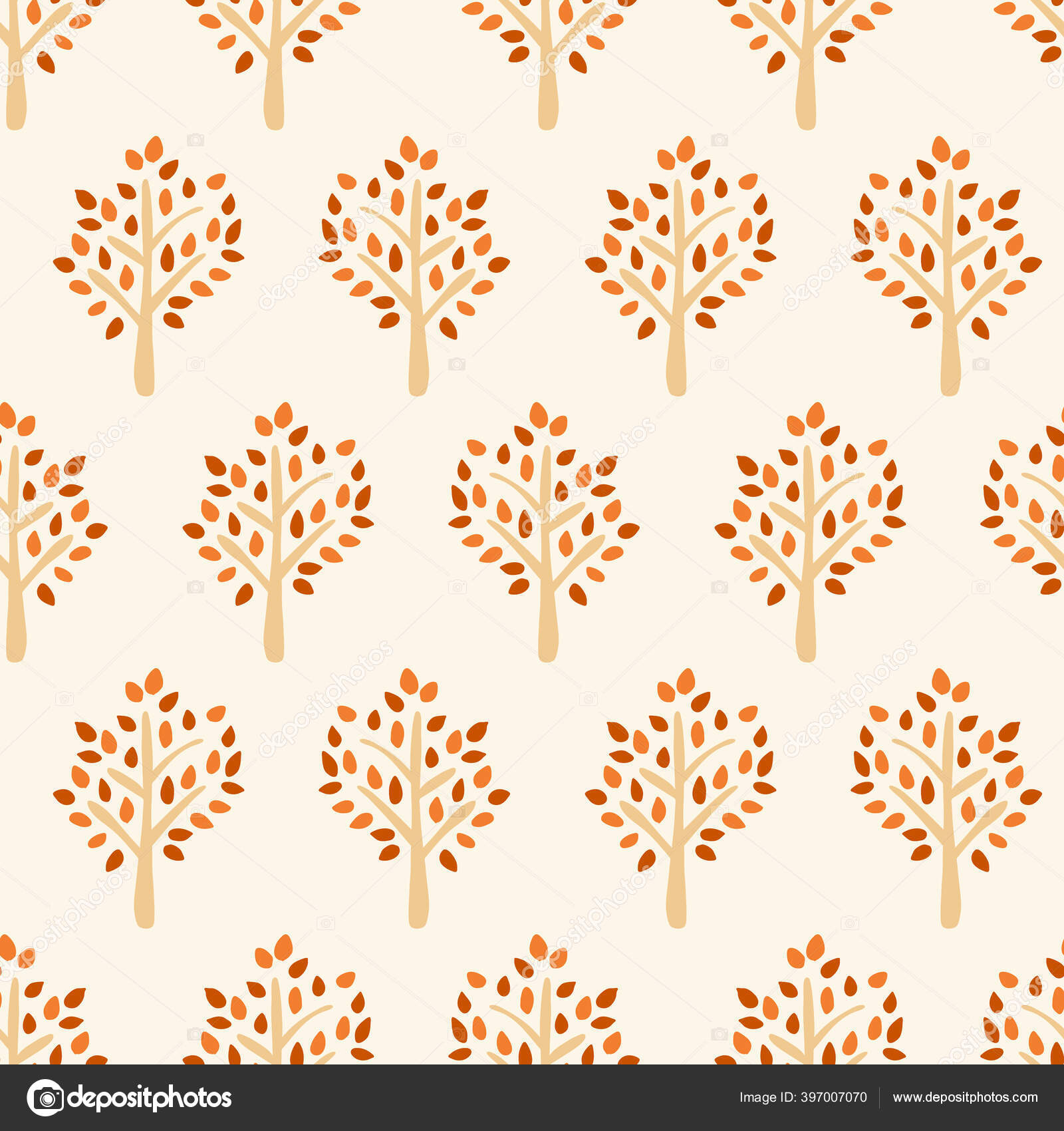 Autumn tree seamless vector pattern. Tree silhouette fall background red orange brown beige. Use ...