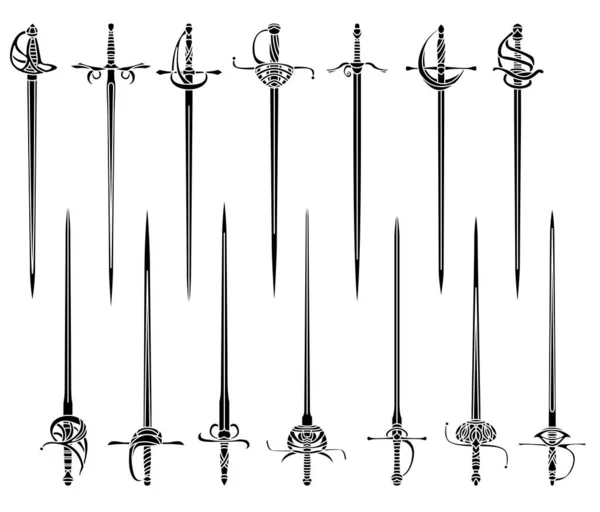 Set of simple monochrome images of rapiers and epees drawn by lines ...