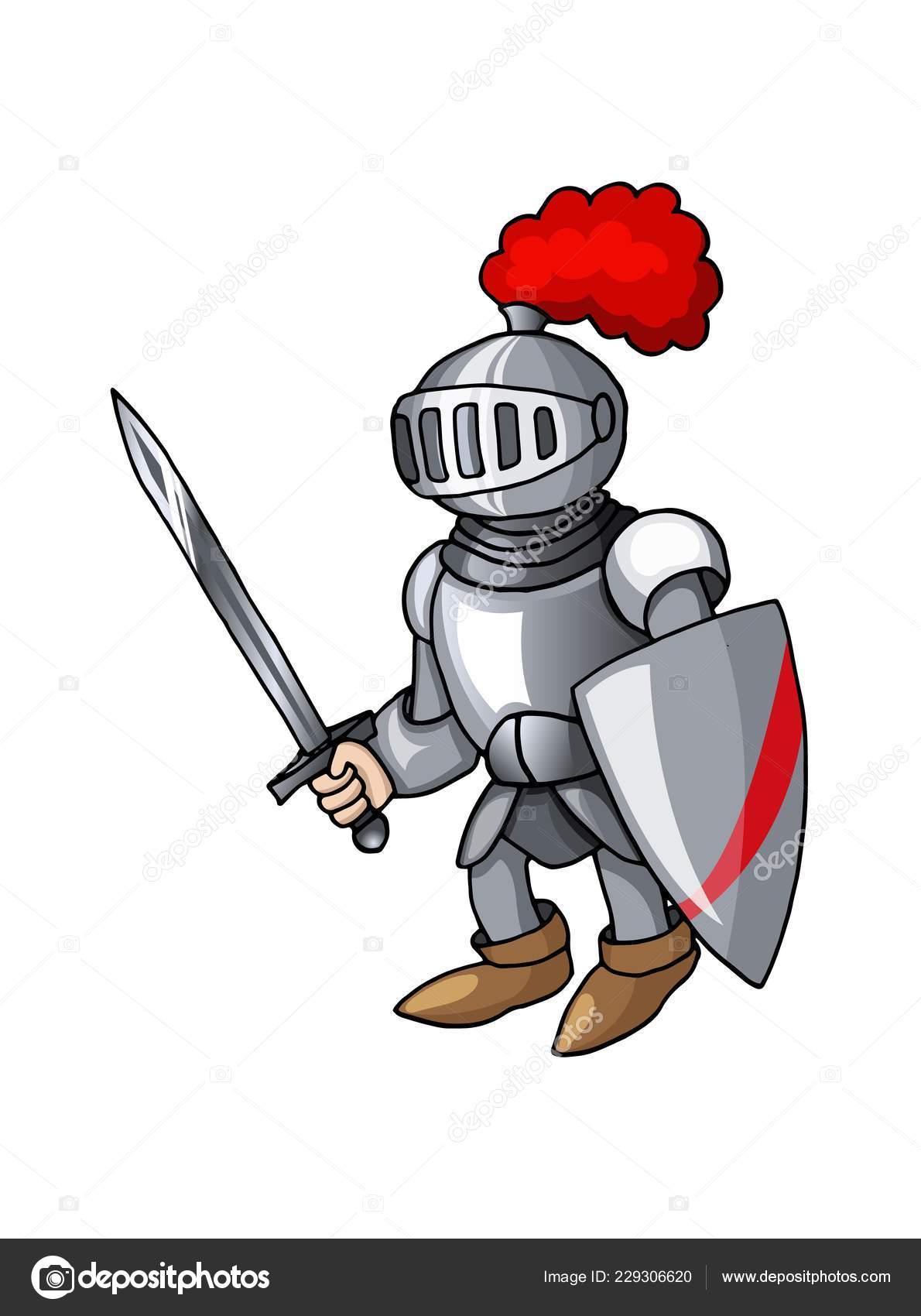 Cartoon medieval knight with shield and sword, isolated on white ...