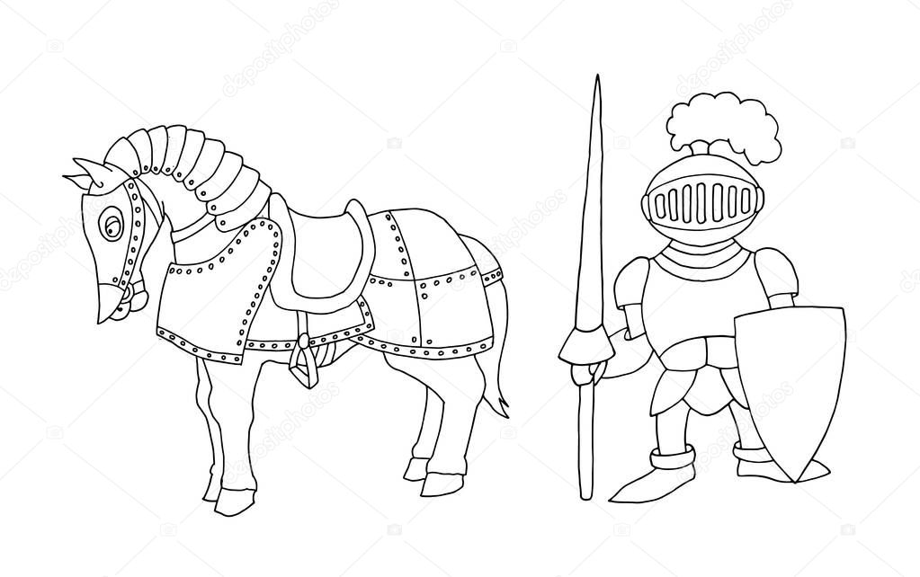 Cavaliere Dei Cartoni Animati In Bianco E Nero A Cavallo Un Disegno Di