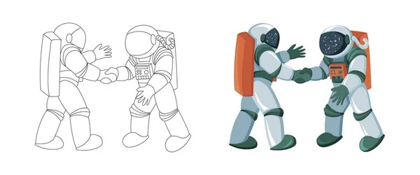 Cartoon alien meeting and handshake in space isolated on white ...