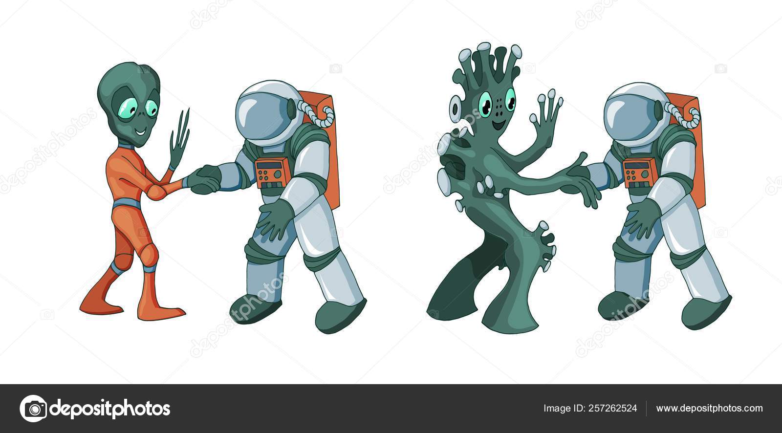 Cartoon alien meeting and handshake in space isolated on white ...