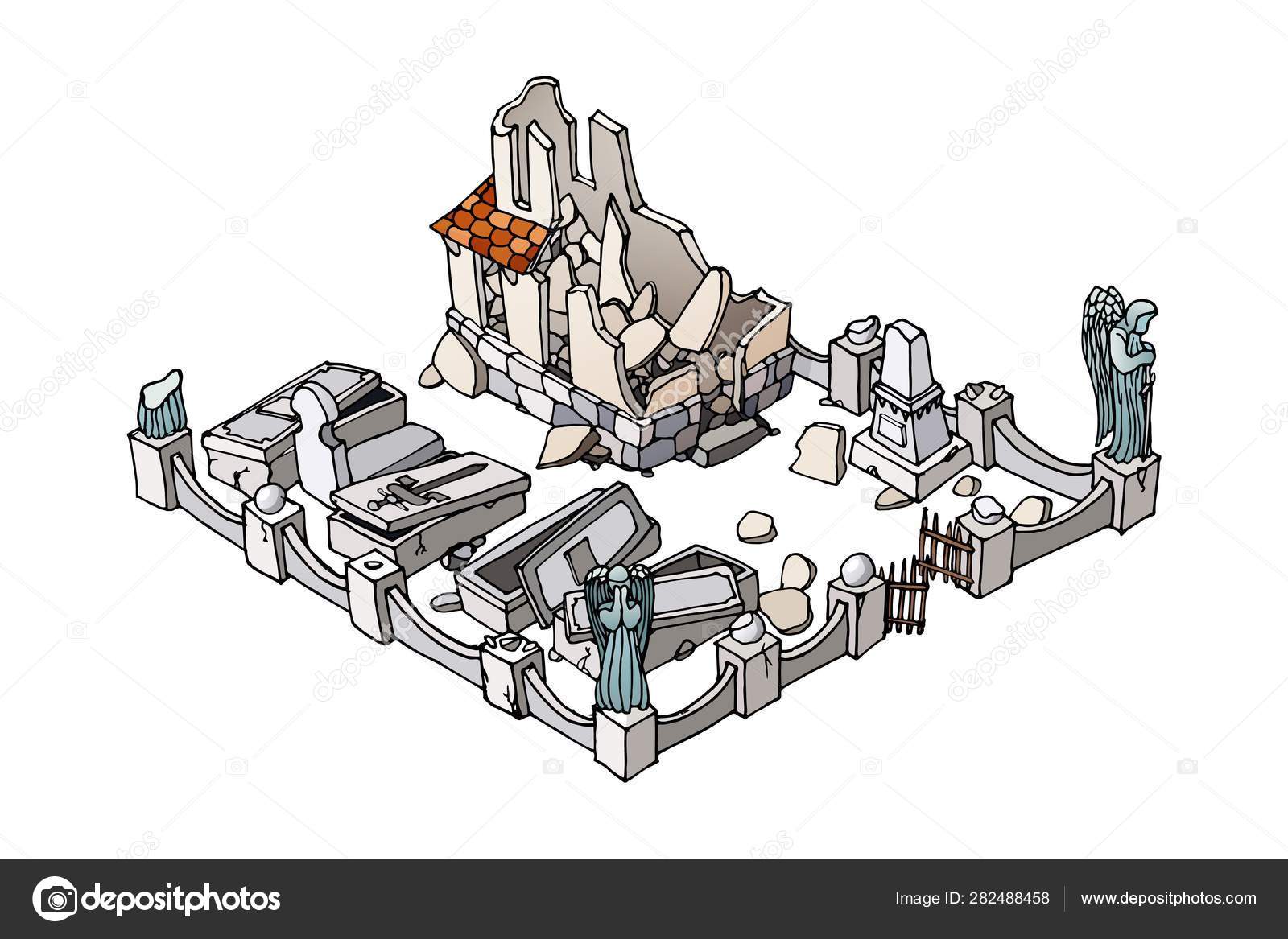 Cripta del cementerio. Edificio de dibujos animados isométricos ...