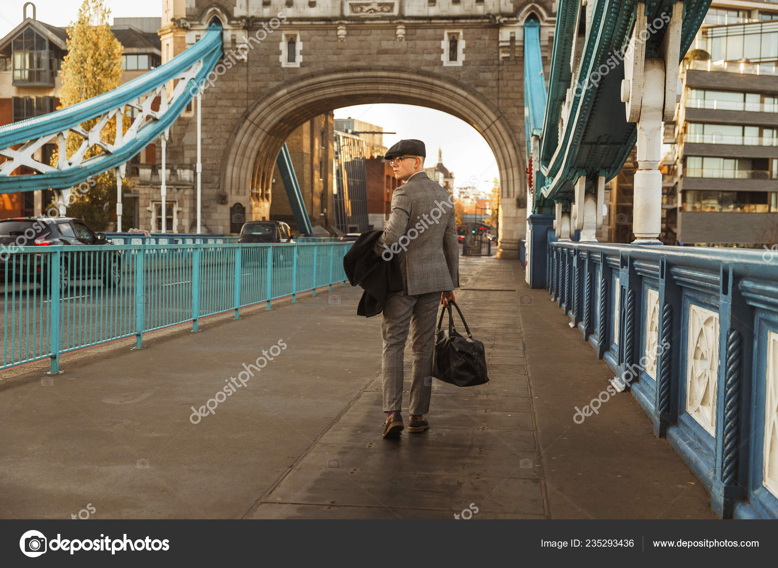 Back View Young Elegant Man Who Going Bridge Holding Bag — Stock Photo ...