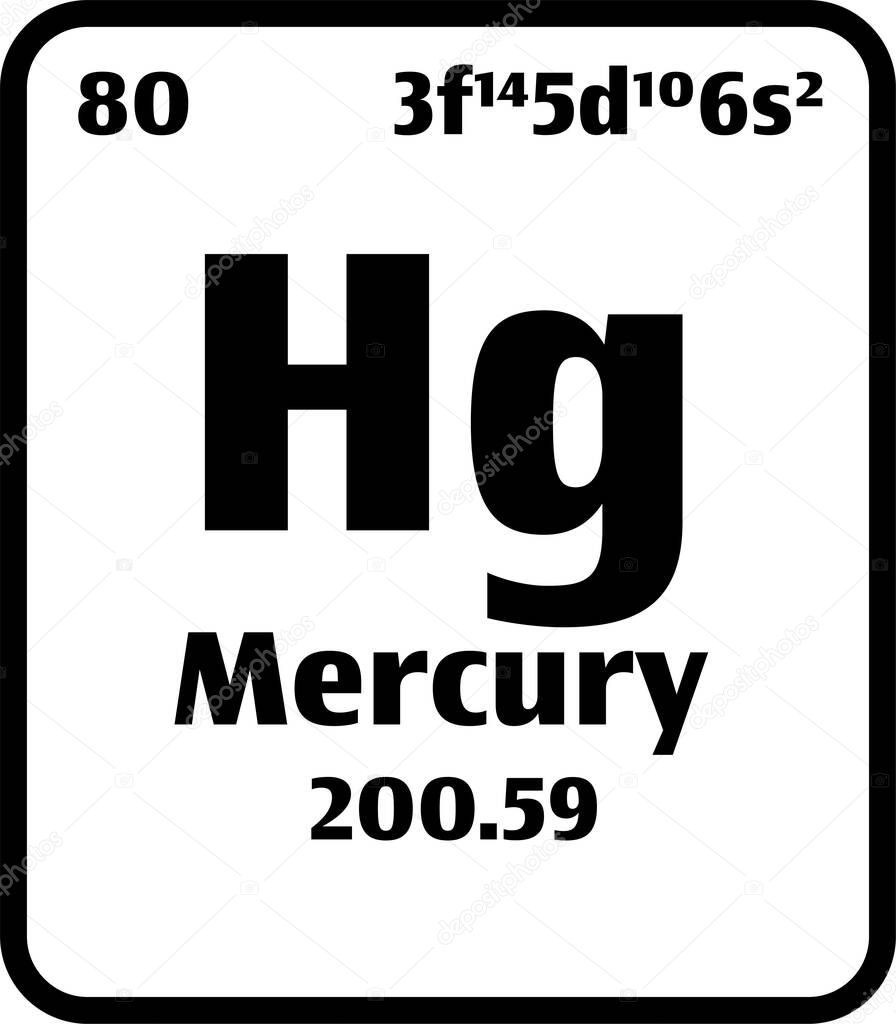 Botón de mercurio (Hg) sobre fondo blanco y negro en la tabla periódica ...