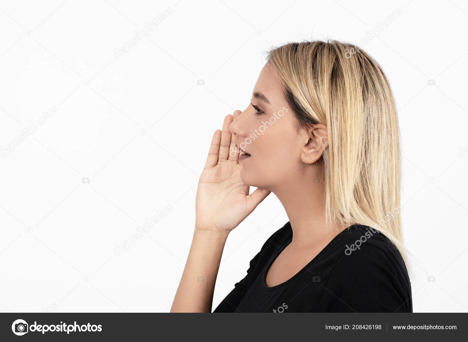 Closeup side view profile portrait woman talking with sound coming out ...