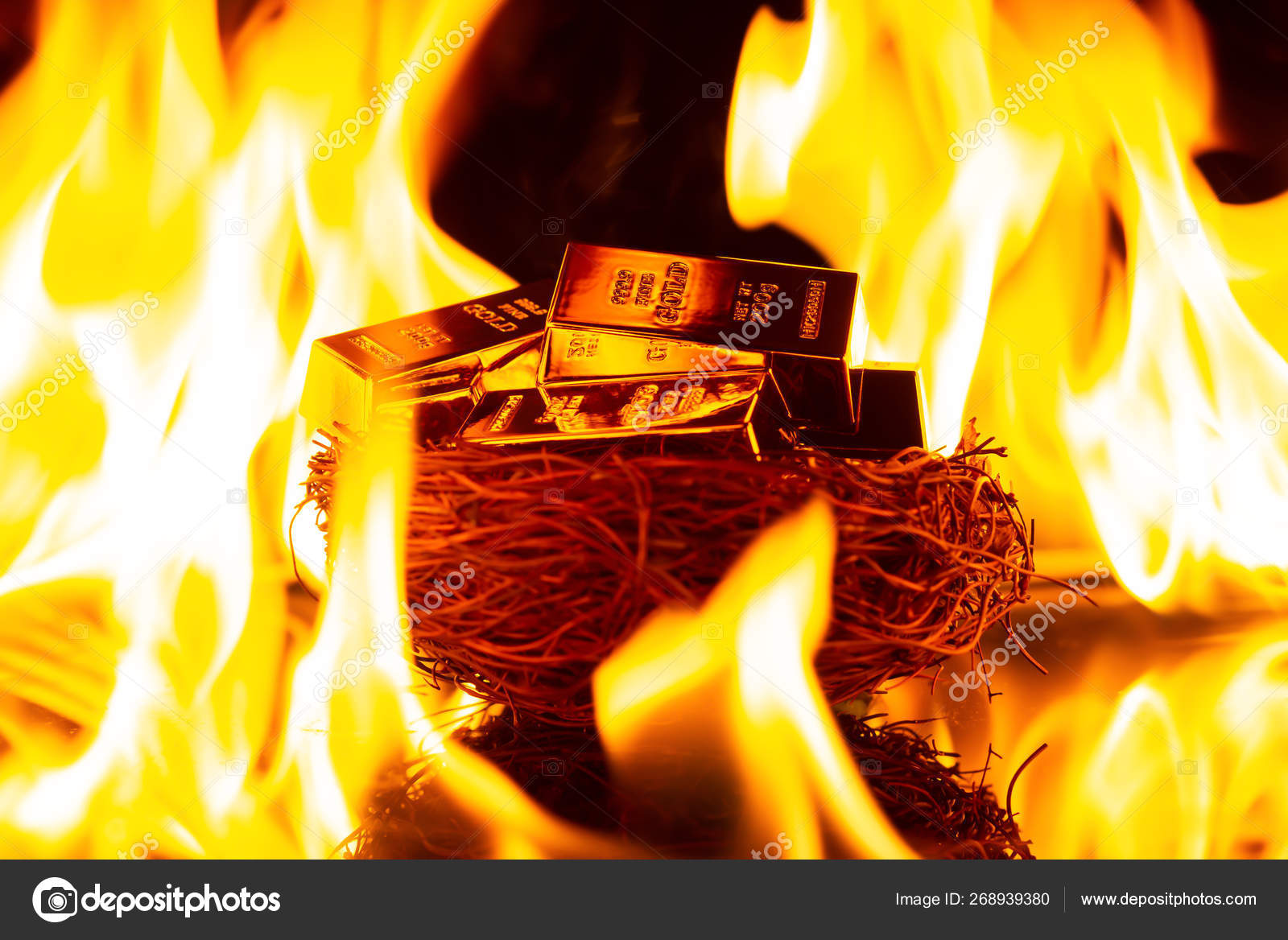Gold Bars Nest Surrounded Big Fire Concept Investment Risk — Stock ...