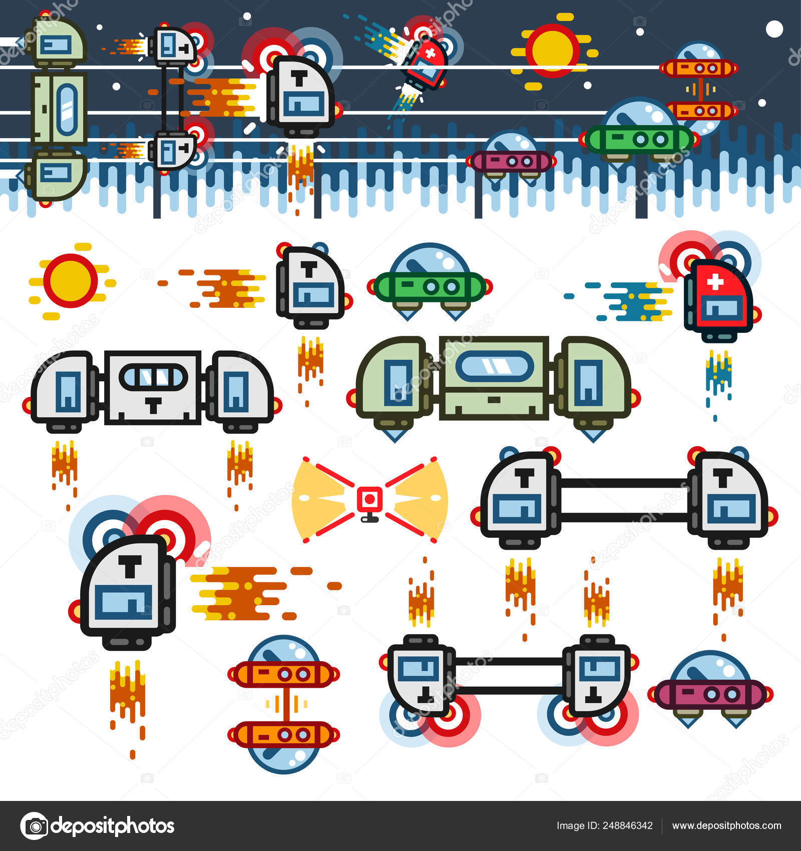 Space Ships Flat Game Level Kit — Stock Vector © yurakr #248846342