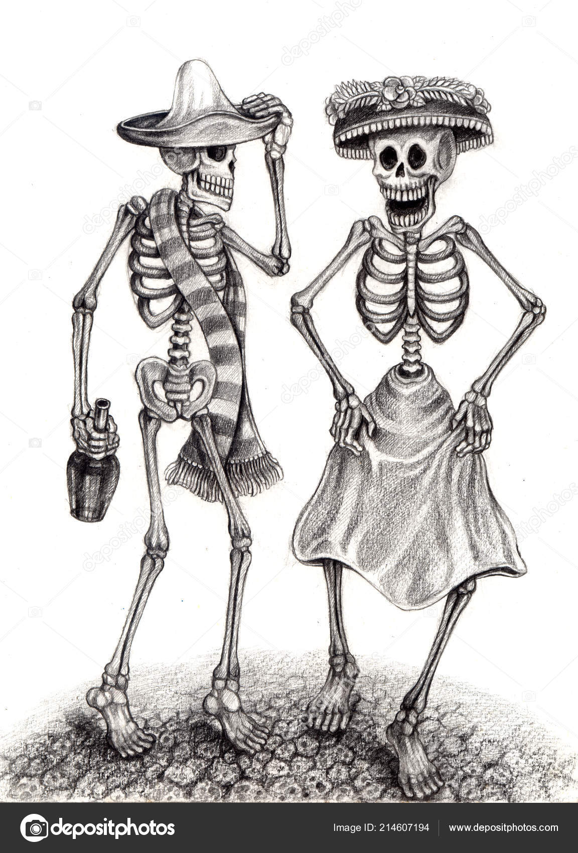 Art Couple Skull Day Dead Hand Pencil Drawing Paper Stock Illustration ...