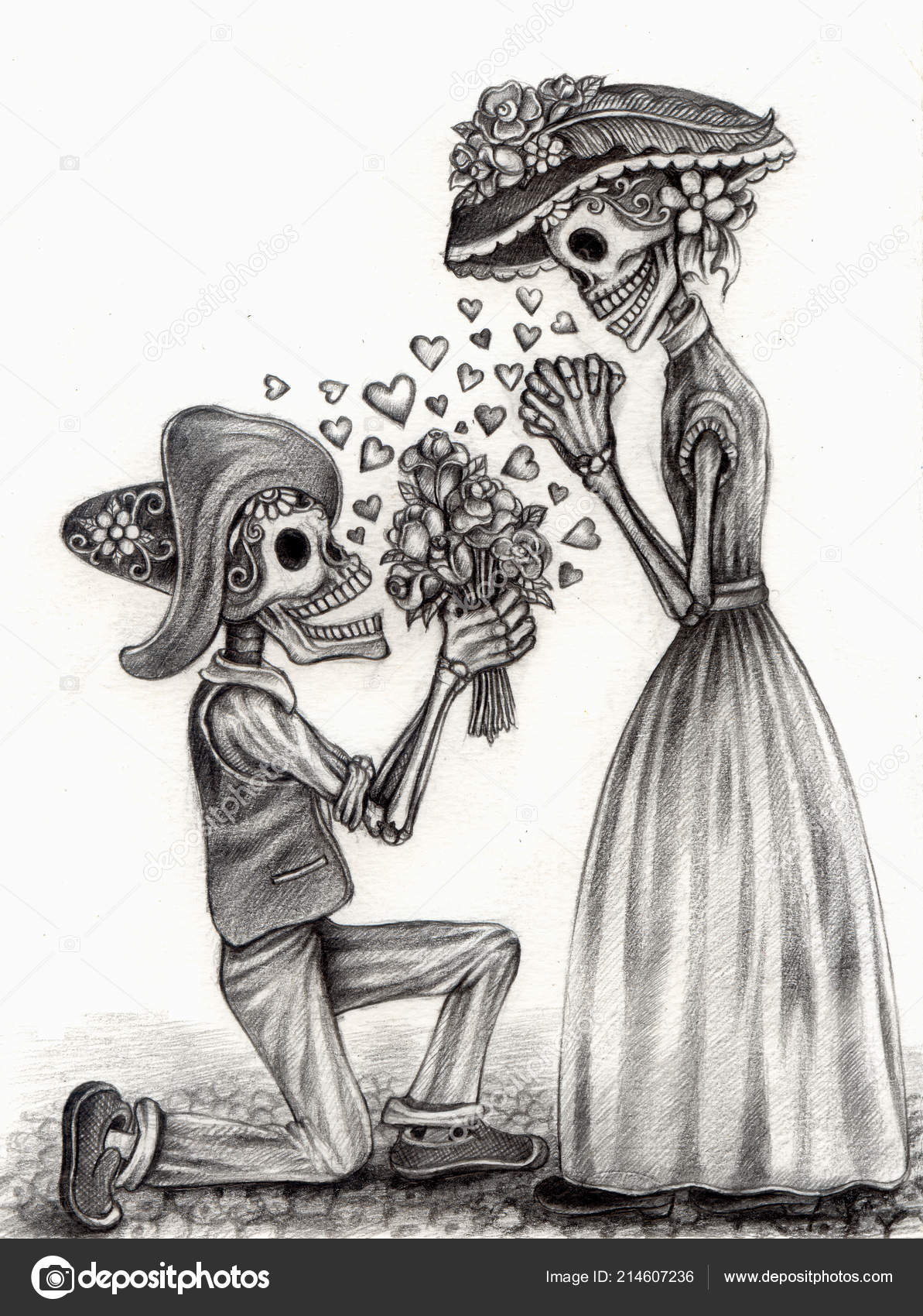 Art Couple Skull Day Dead Hand Pencil Drawing Paper Stock Illustration ...