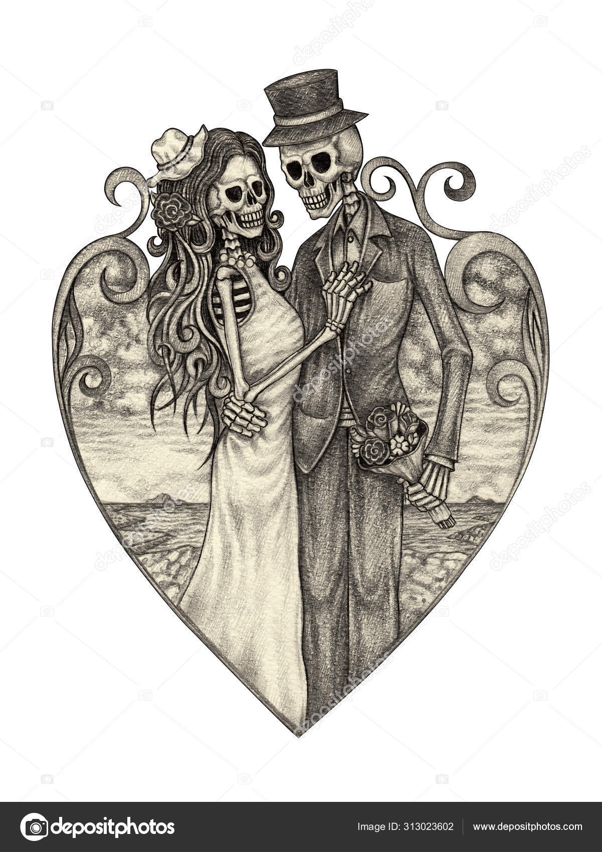 Art Couple Wedding Skulls Day Dead Hand Drawing Paper Stock Photo by ...