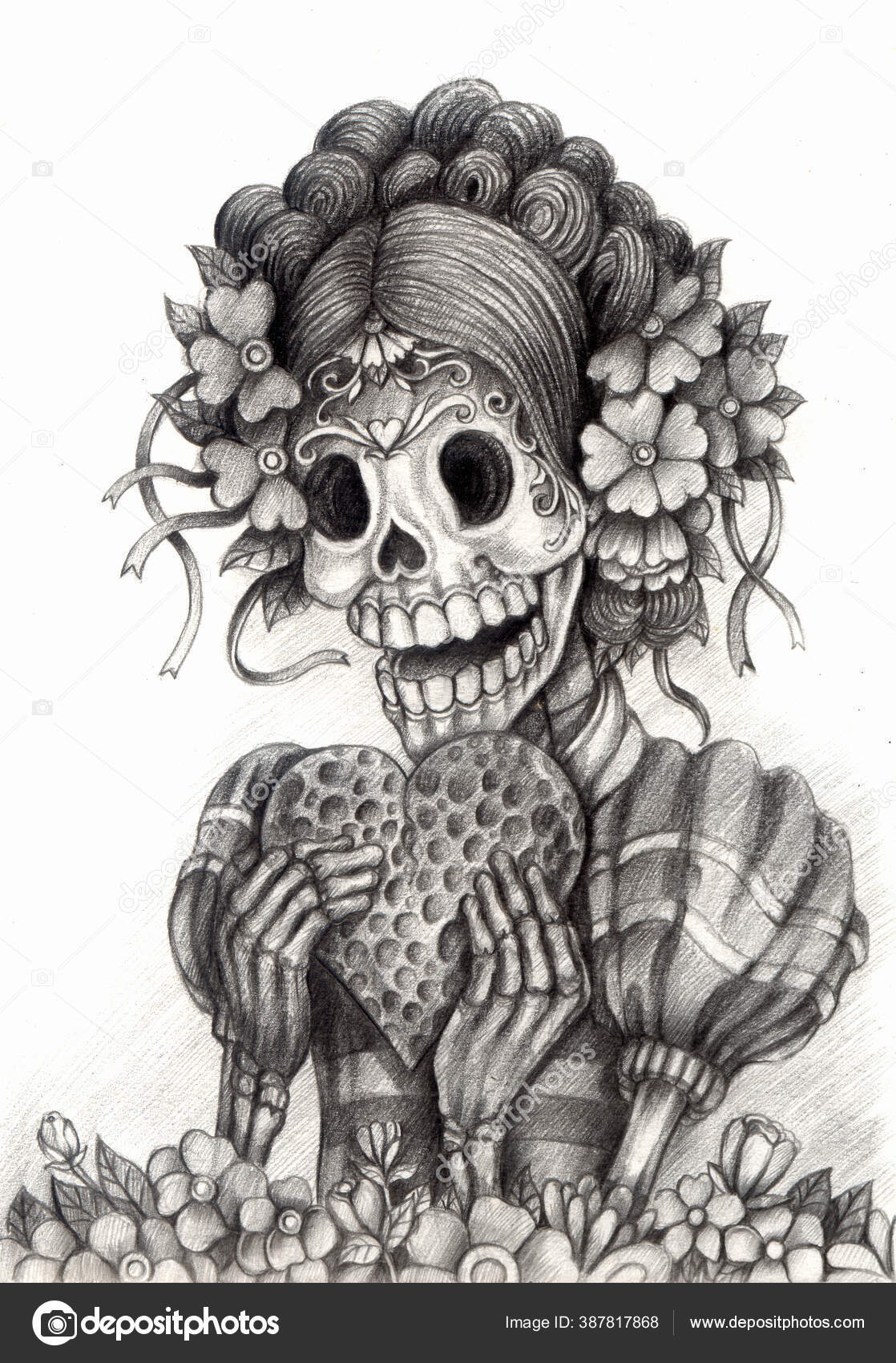 Girl Skull Iove Day Dead Hand Drawing Paper Stock Illustration by ...