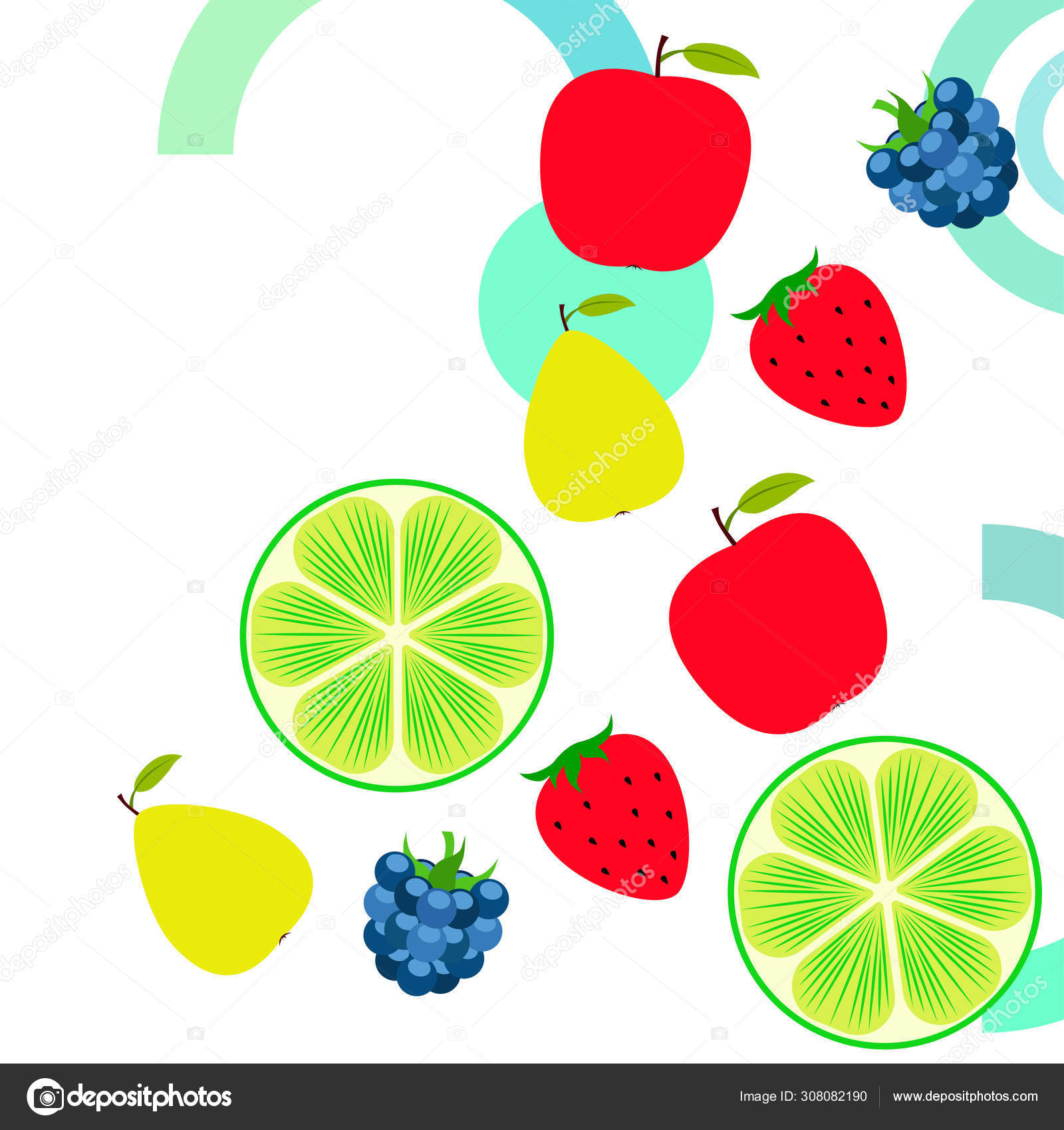 Fruits Berries Colorful Cartoon Fruit Icons Apple Pear Blackberry ...
