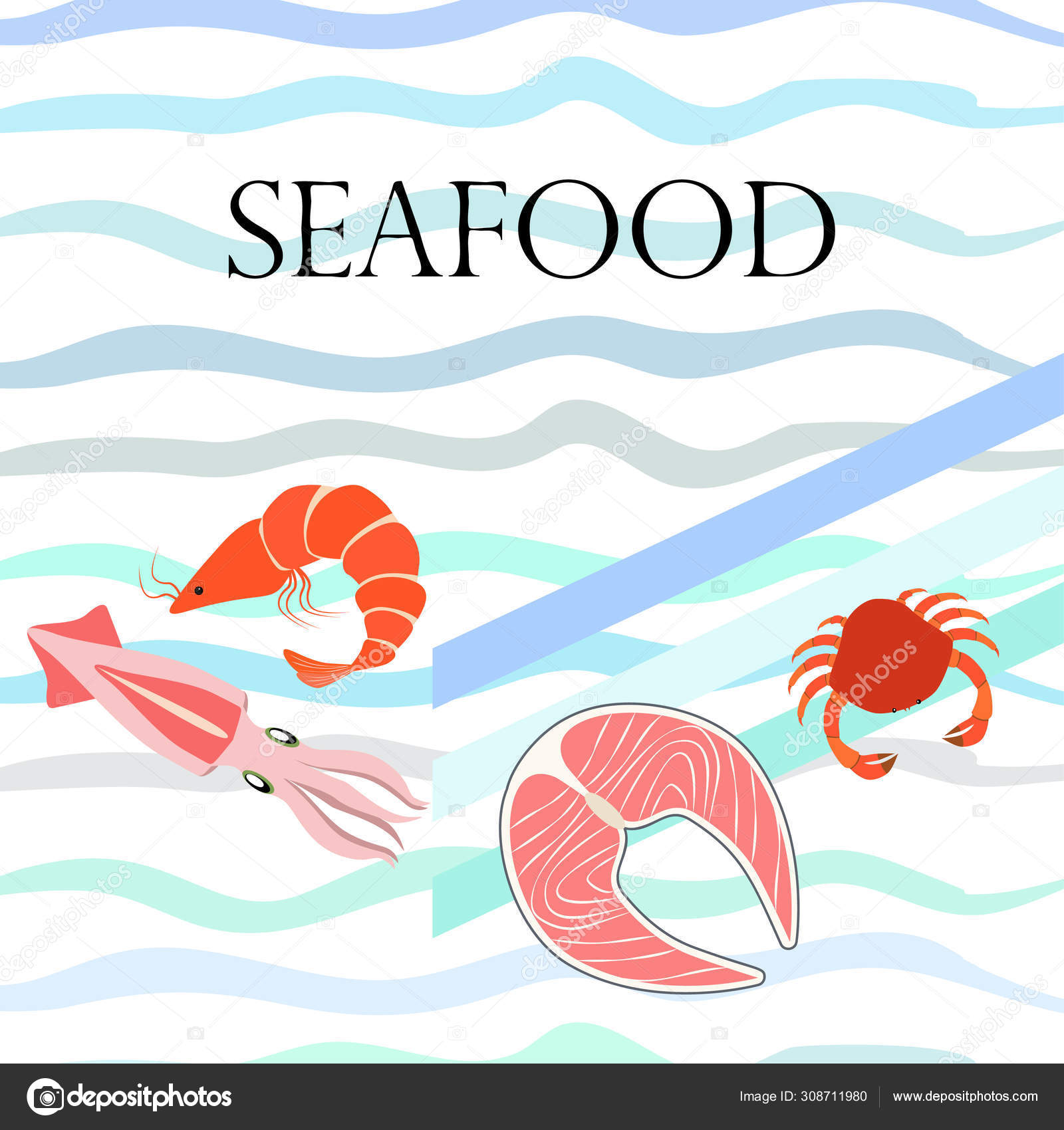 Ikan, udang, kepiting, squid.Vector makanan laut. Desain makanan dan ...