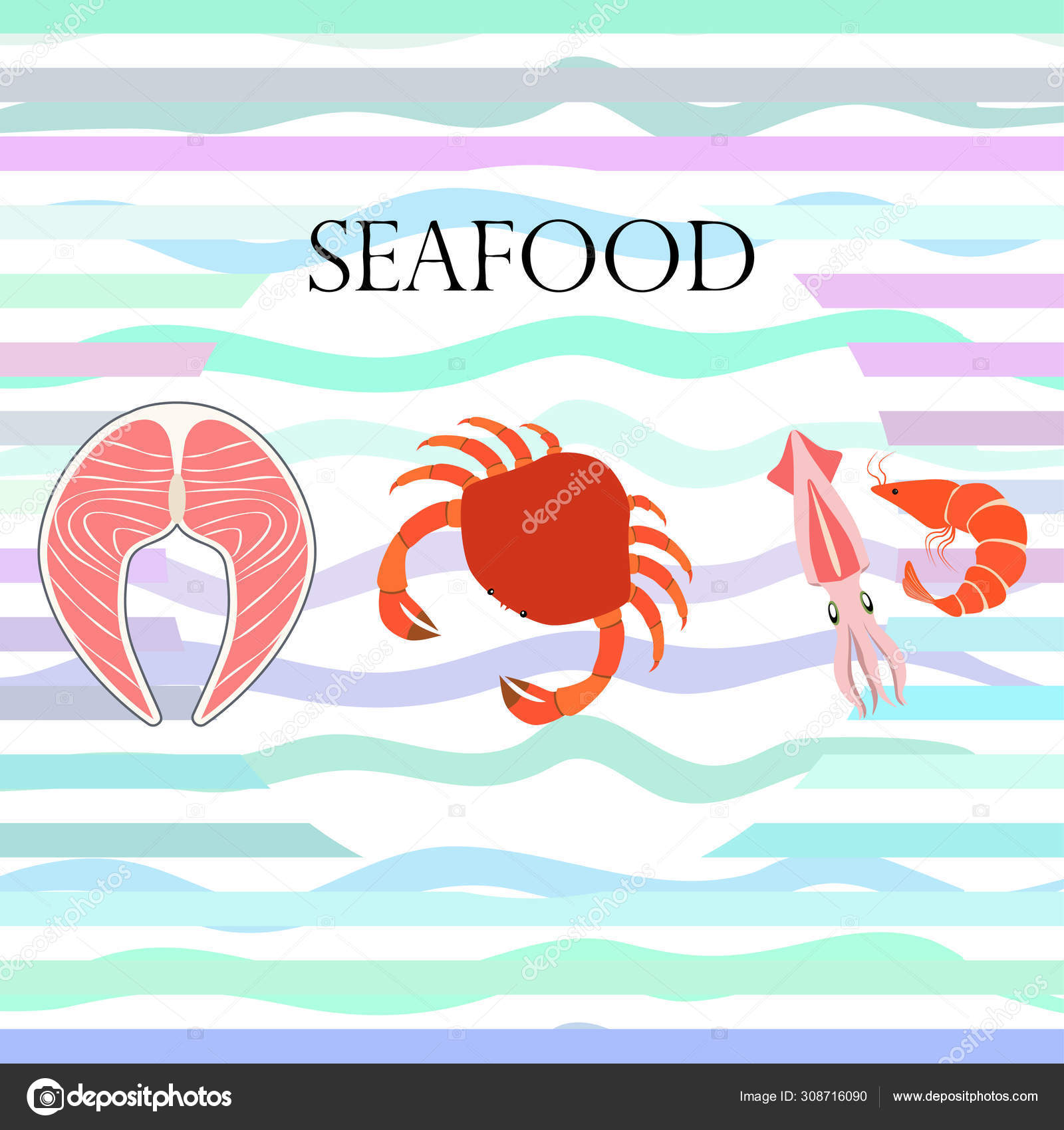 Ikan, udang, kepiting, squid.Vector makanan laut. Desain makanan dan ...