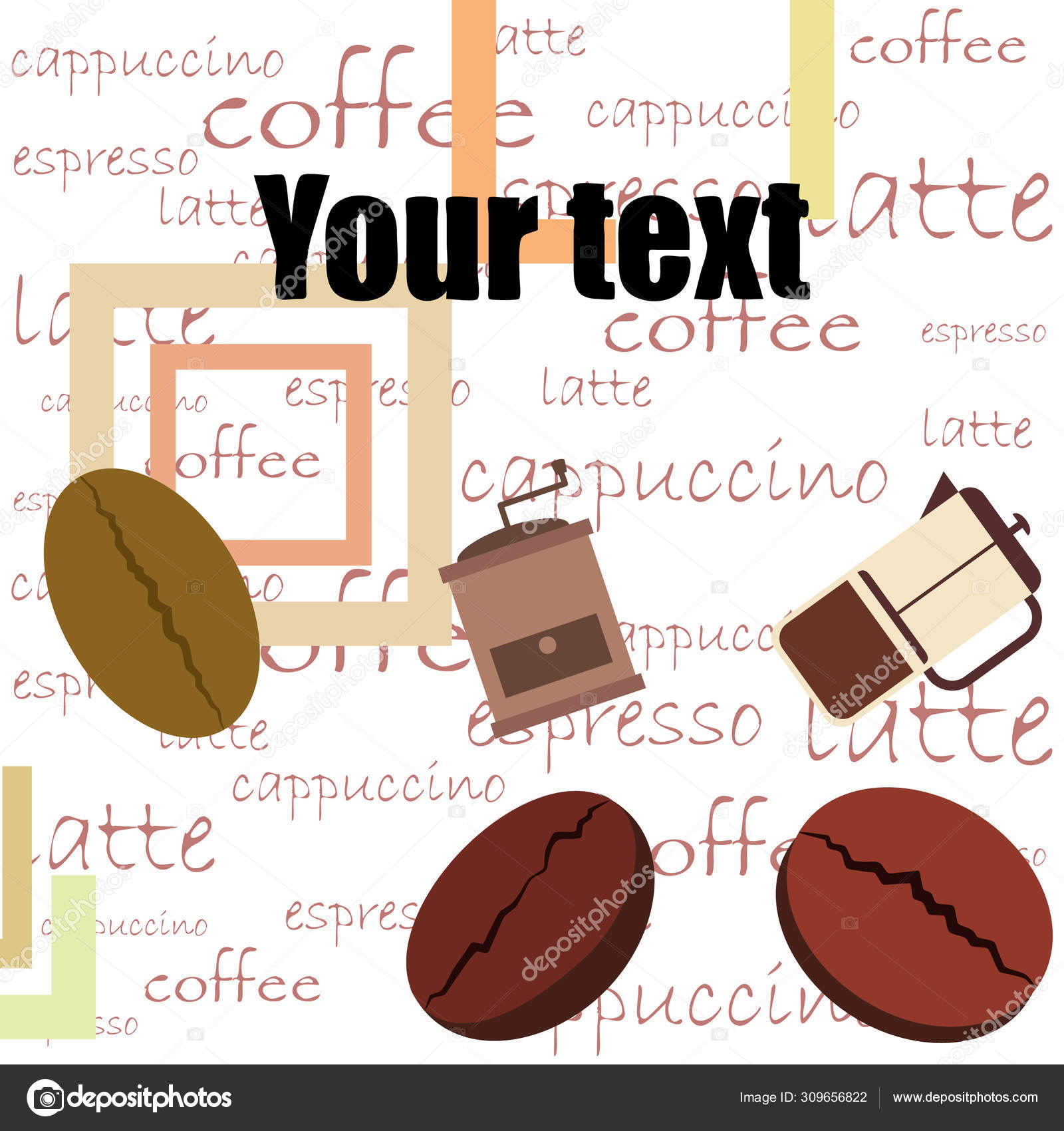 French press coffee, coffee beans, spilled coffee, vector illustration ...