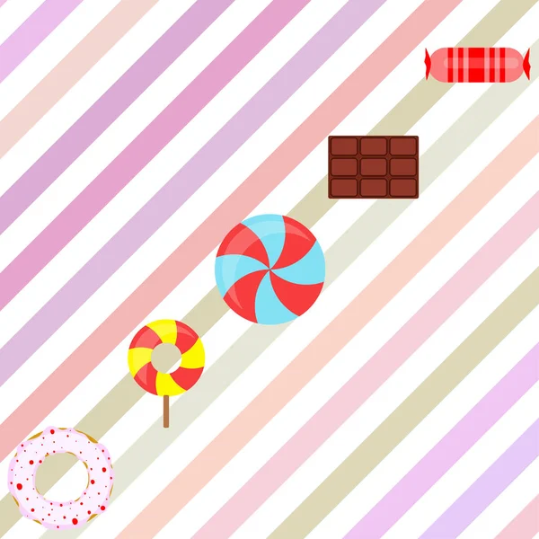 Different sweets colorful background. Lollipops, chocolate bar, candies, donut, vector ...
