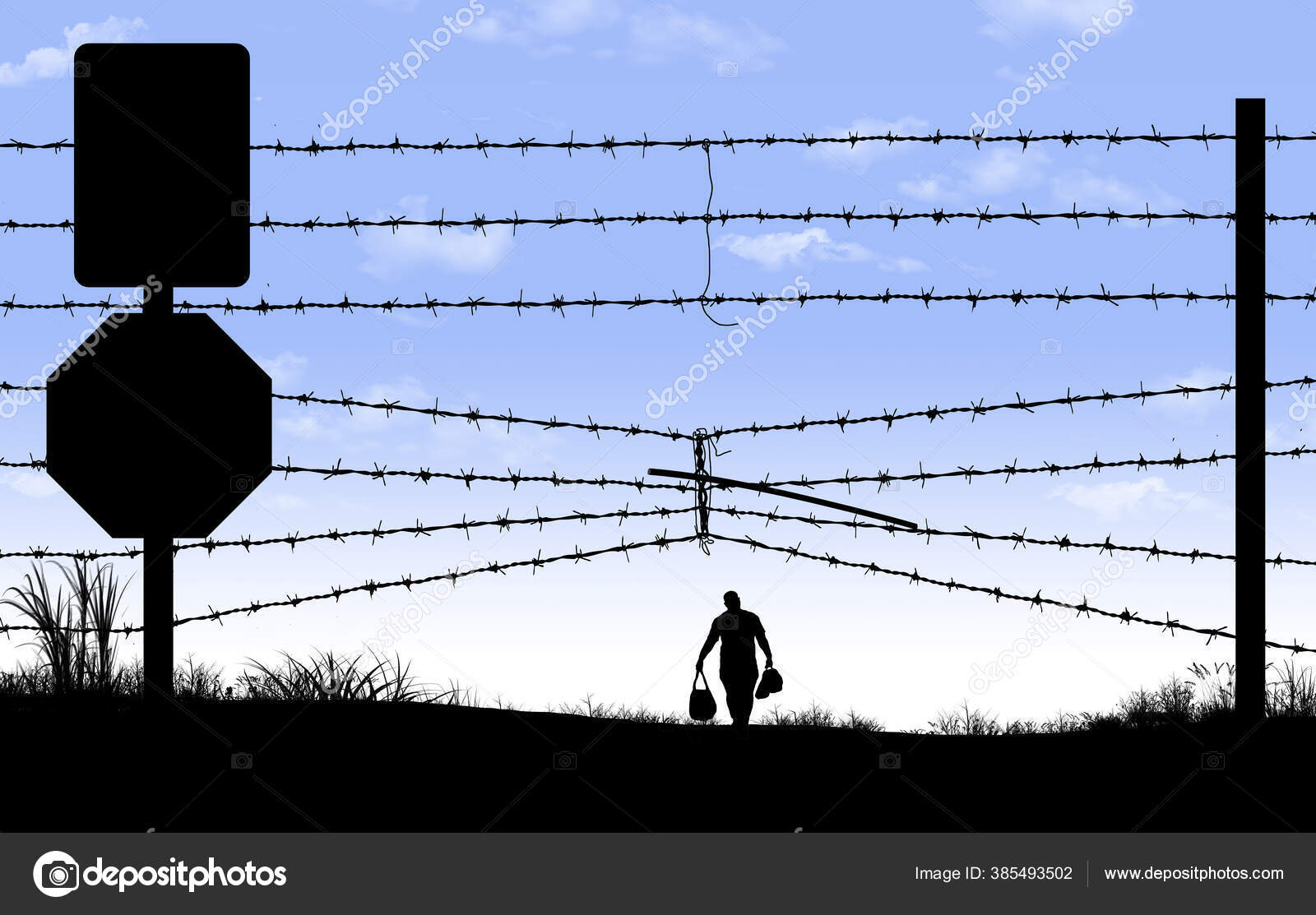 Man Seen Silhouette Breaching Border Fence Southern Border Usa — Stock ...