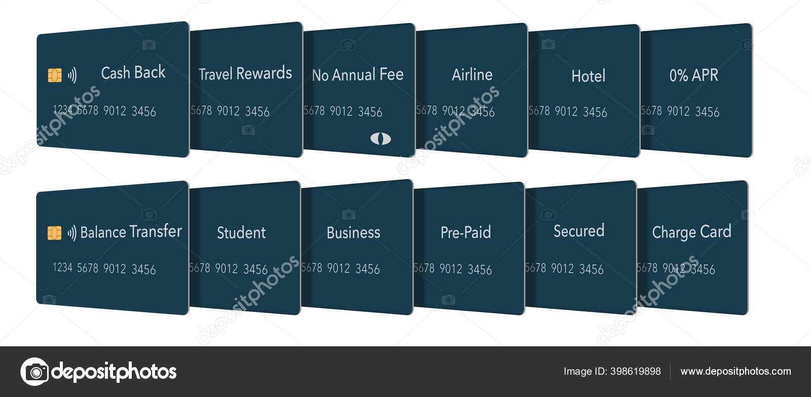 Twelve Types Credit Cards All Blue Emv Chip Tap Pay — Stock Photo ...