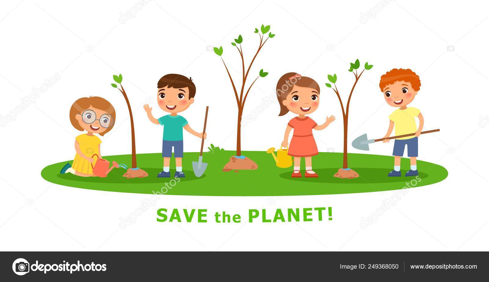 Vector Cartoon Scenes Environmental Issues Boys Girls Planting Watering ...