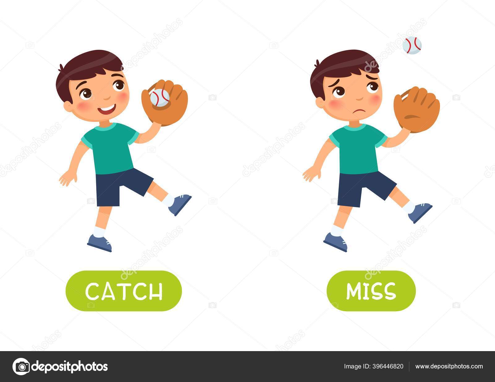 Catch Miss Antonyms Word Card Vector Template Flashcard English ...