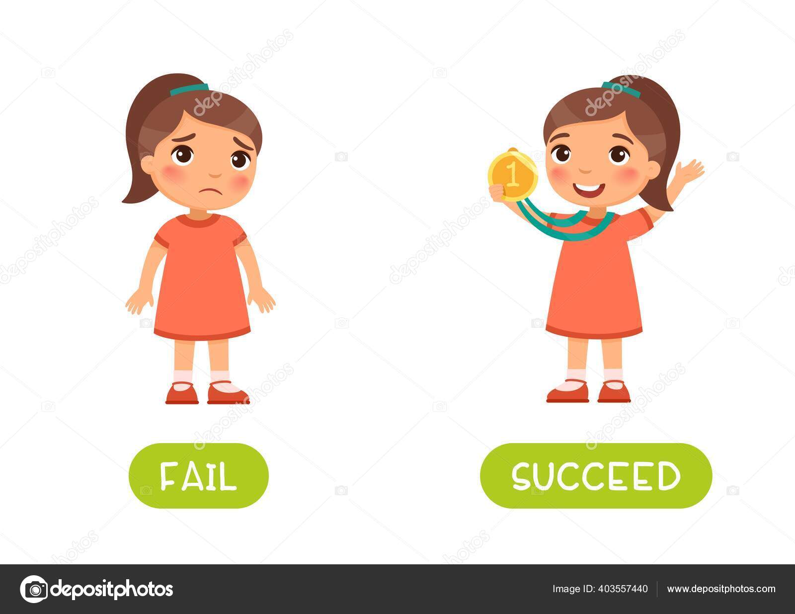 Fail Succeed Antonyms Word Card Vector Template Opposites Concept ...