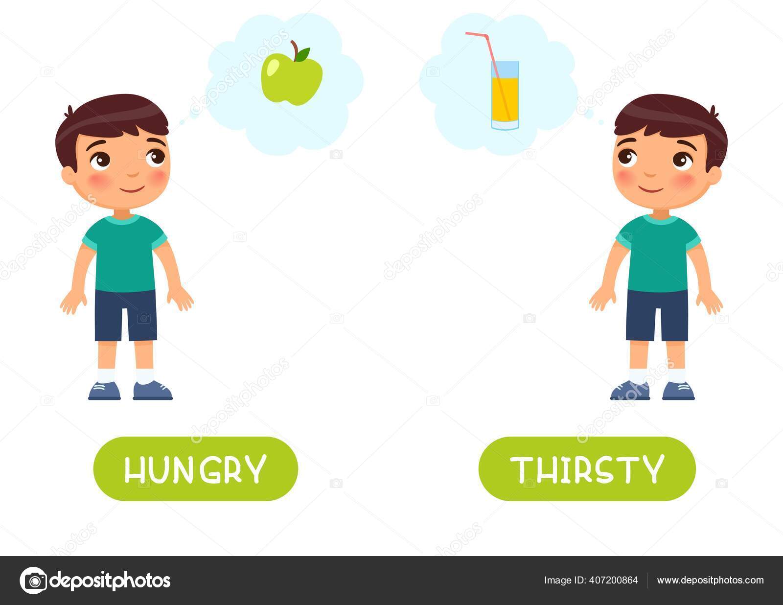 Hungry Thirsty Antonyms Word Card Vector Template Opposites Concept ...