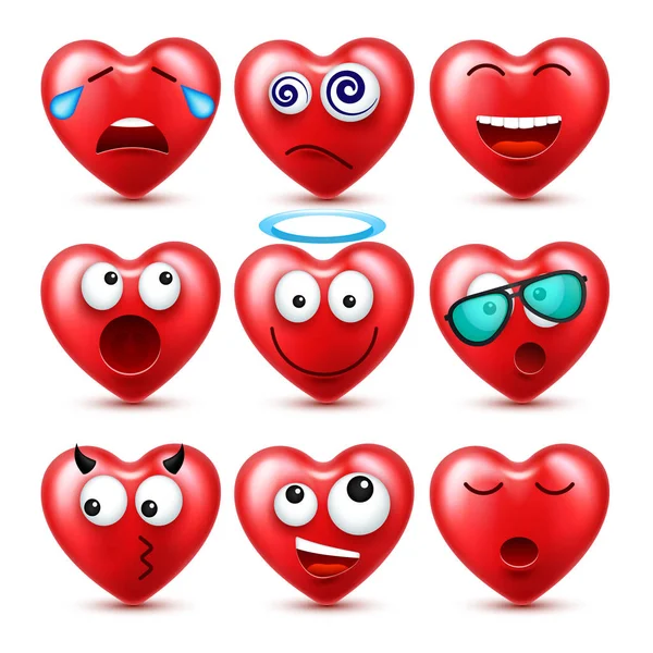Heart Smiley Emoji Vector Set For Valentines Day. Funny Red Face With ...