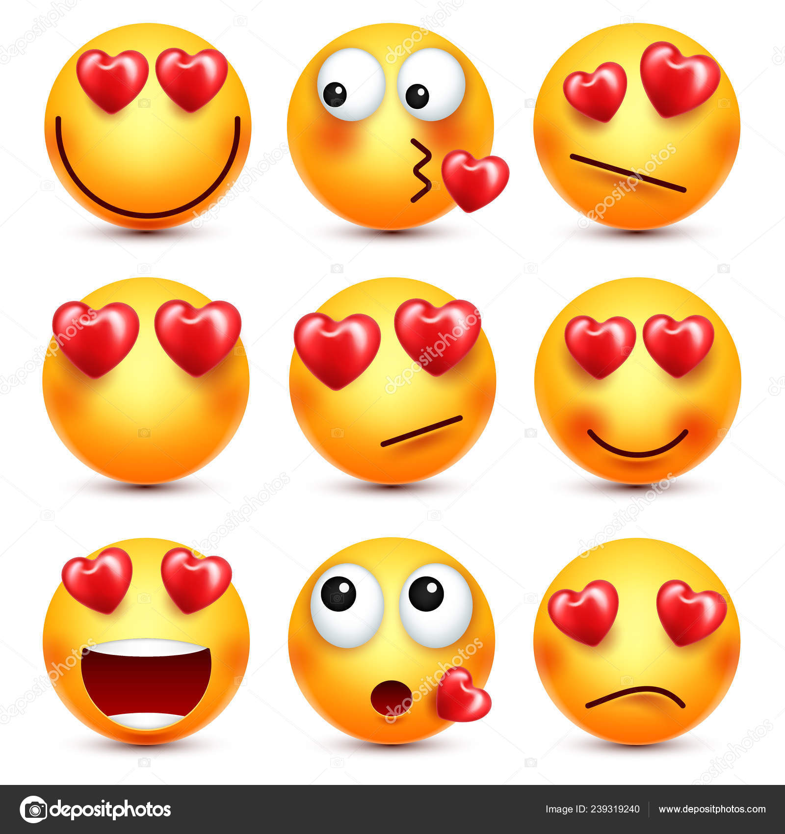Emoji Red Heart Vector Set Valentines Day Yellow Cartoon Emoticons ...