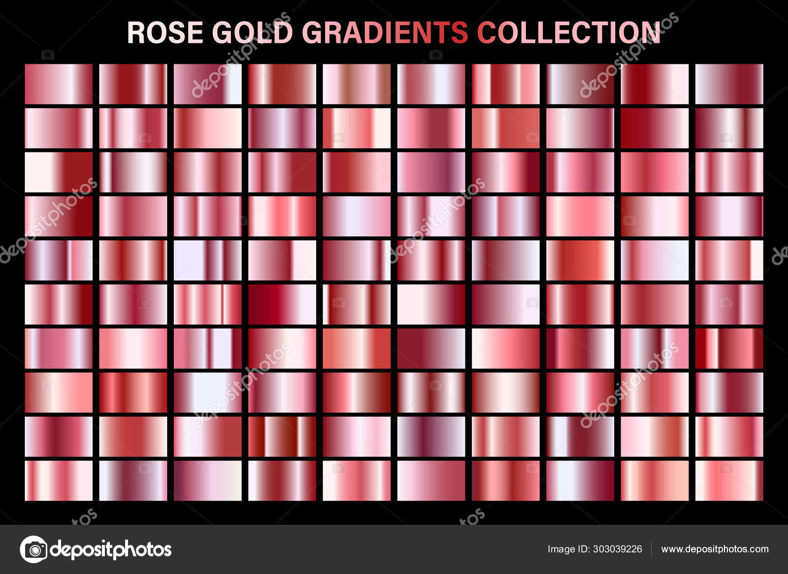 Rose gold glossy gradient, metal foil texture. Color swatch set ...