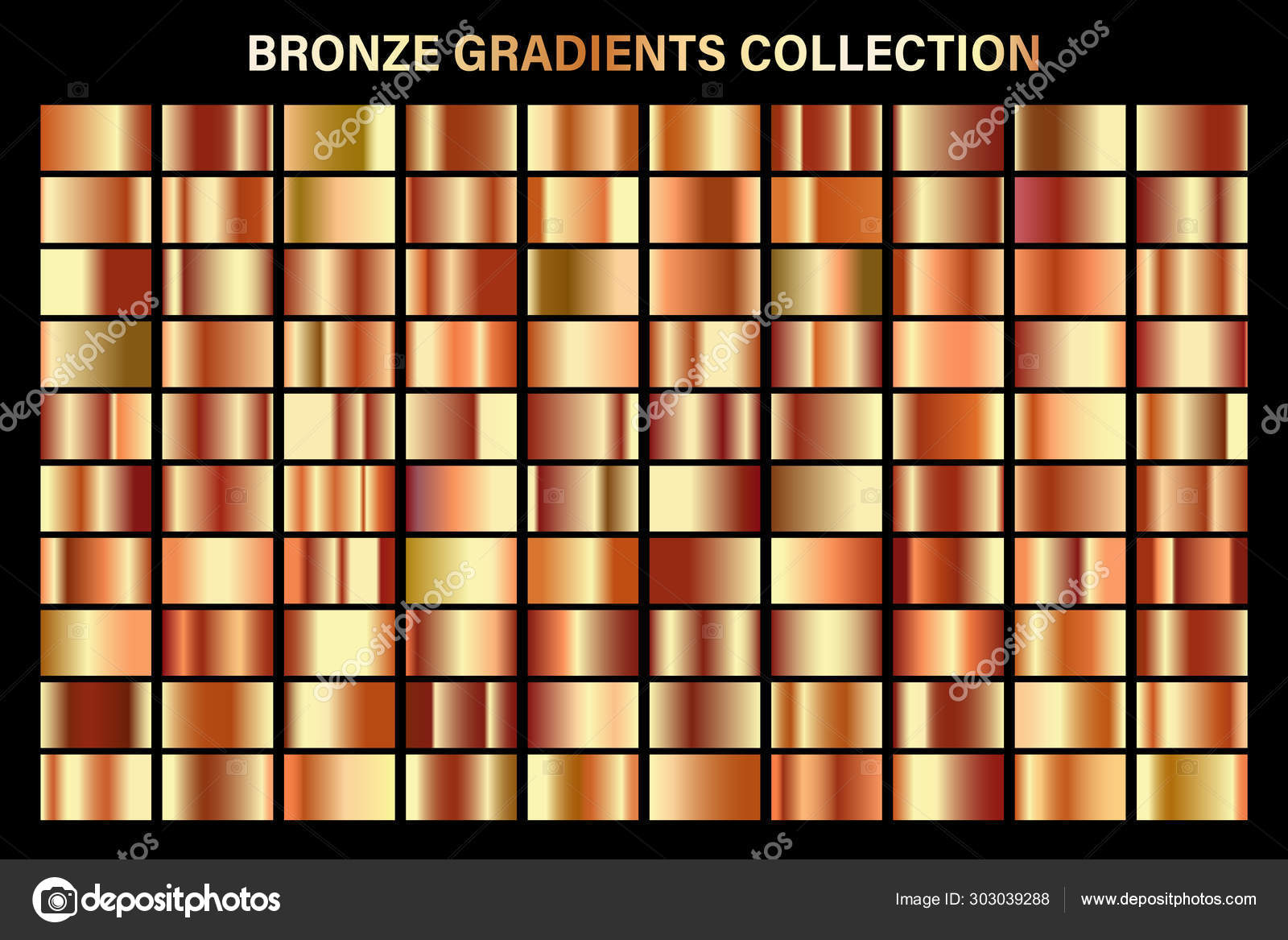 Bronze, orange glossy gradient, metal foil texture. Color swatch set ...