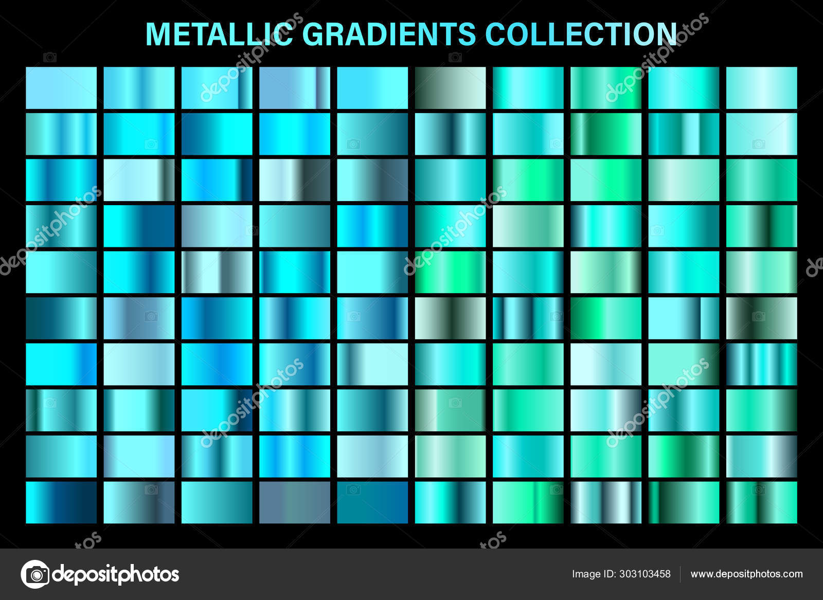 Blue, azure glossy gradient, metal foil texture. Color swatch set ...