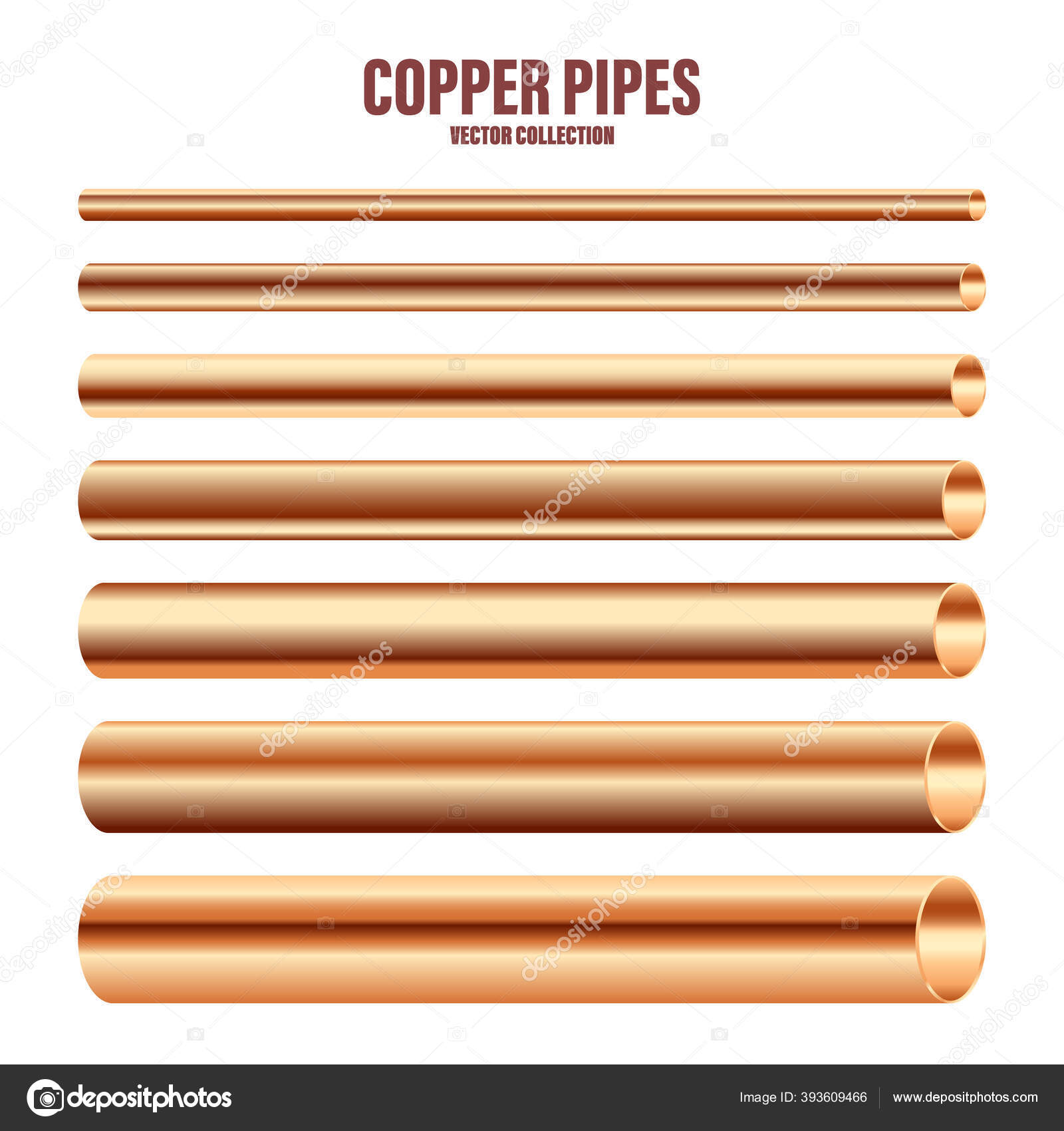 Copper pipes collection. Construction material. Polished metal texture ...
