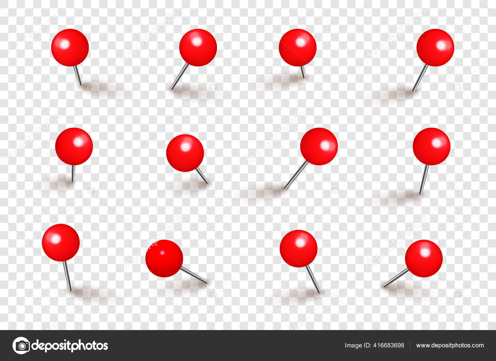 Alfileres rojos realistas. Tablero tachuelas aisladas sobre fondo ...