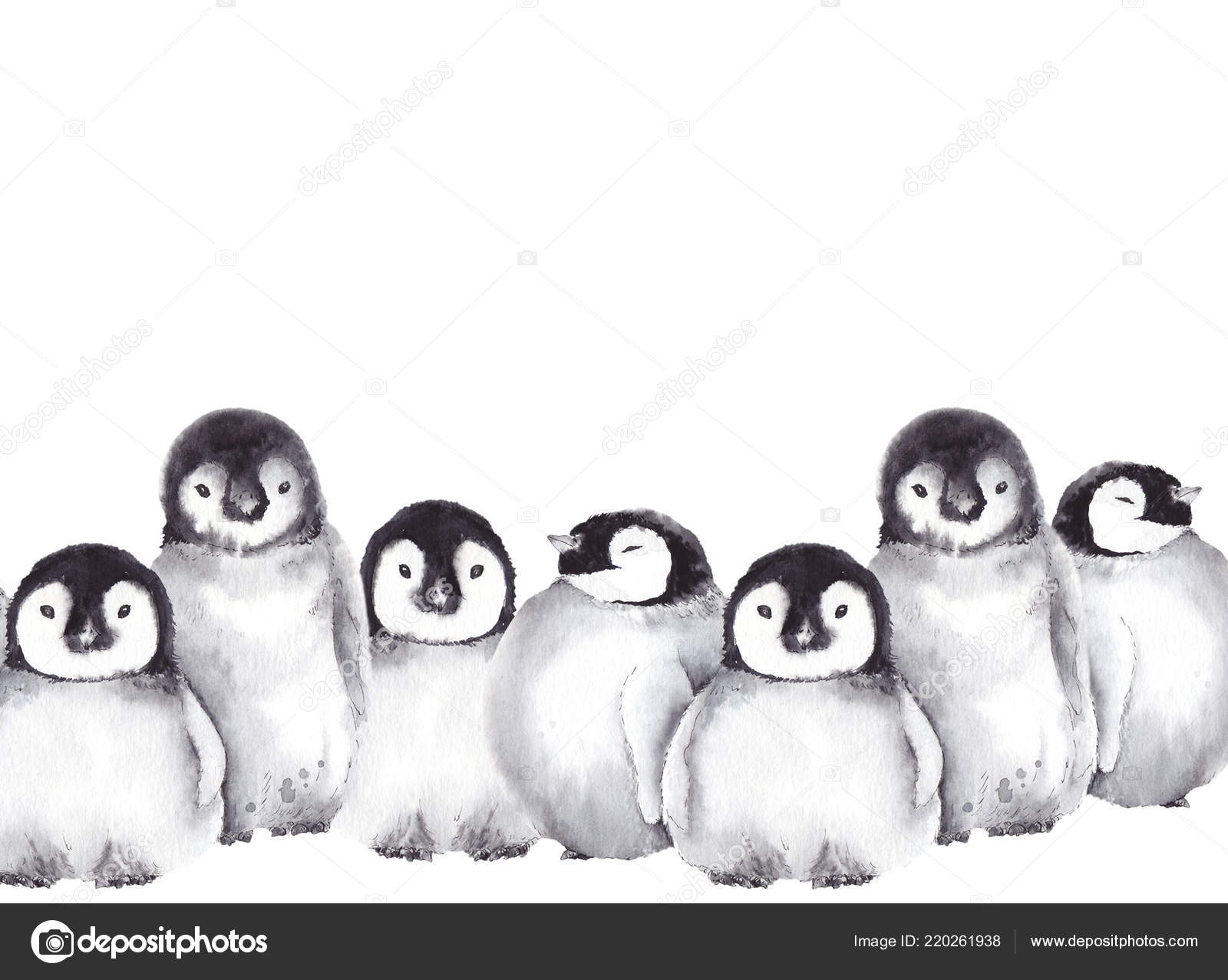 Winter Border Cute Baby Penguins Watercolor Illustration White ...