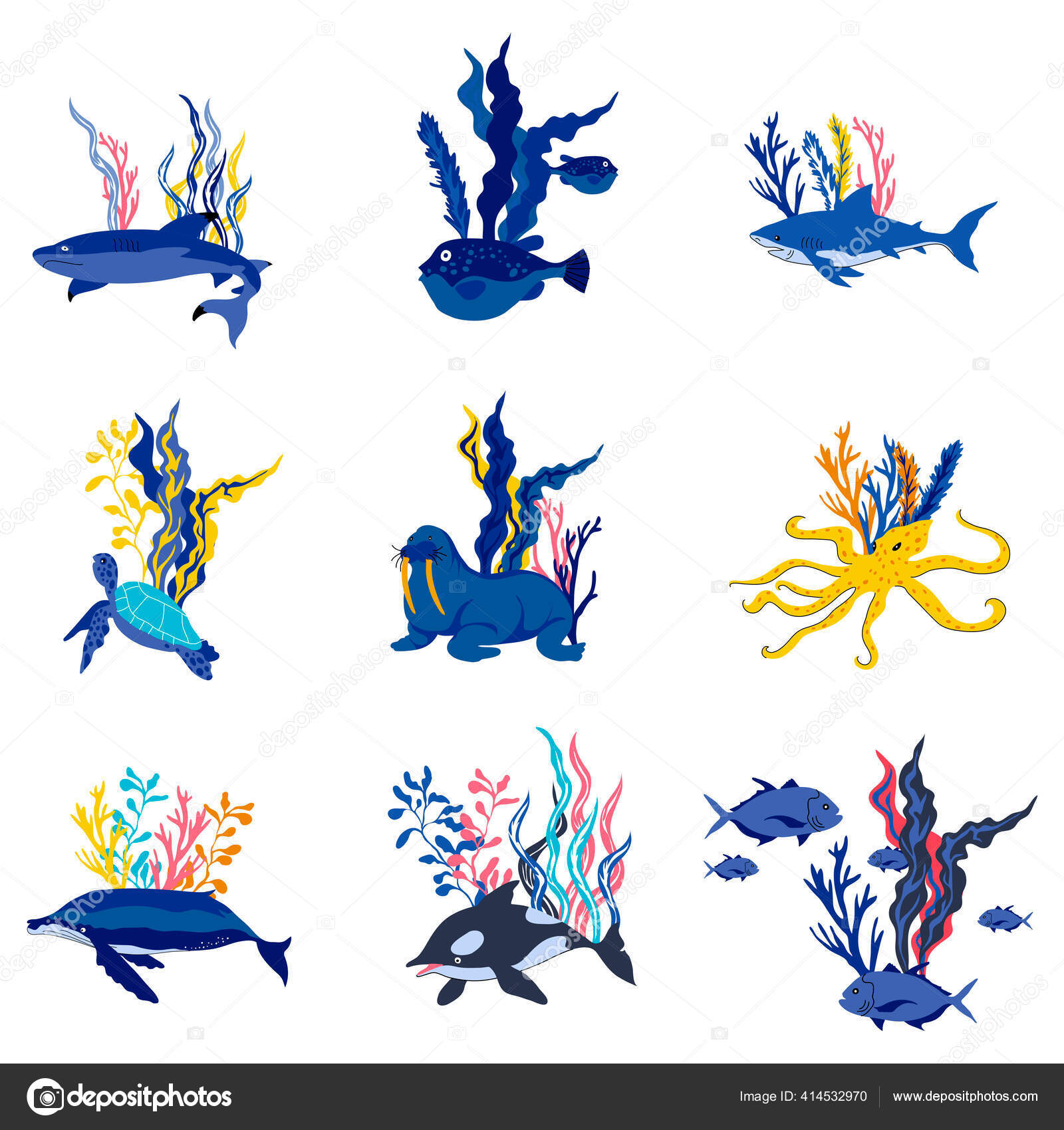 Sea Weeds Marine Creatures Floating Swimming Vector Set Sea Animal ...