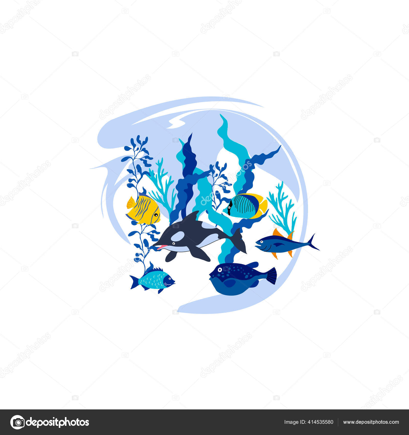 Dolphin Other Marine Creatures Floating Sea Bottom Vector Illustration ...