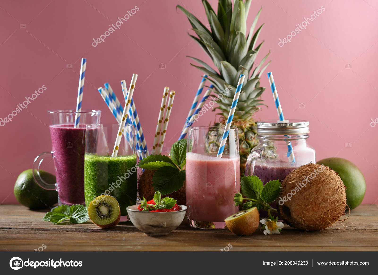 Set Summer Drinks Pink Background Tropical Stock Photo by ...