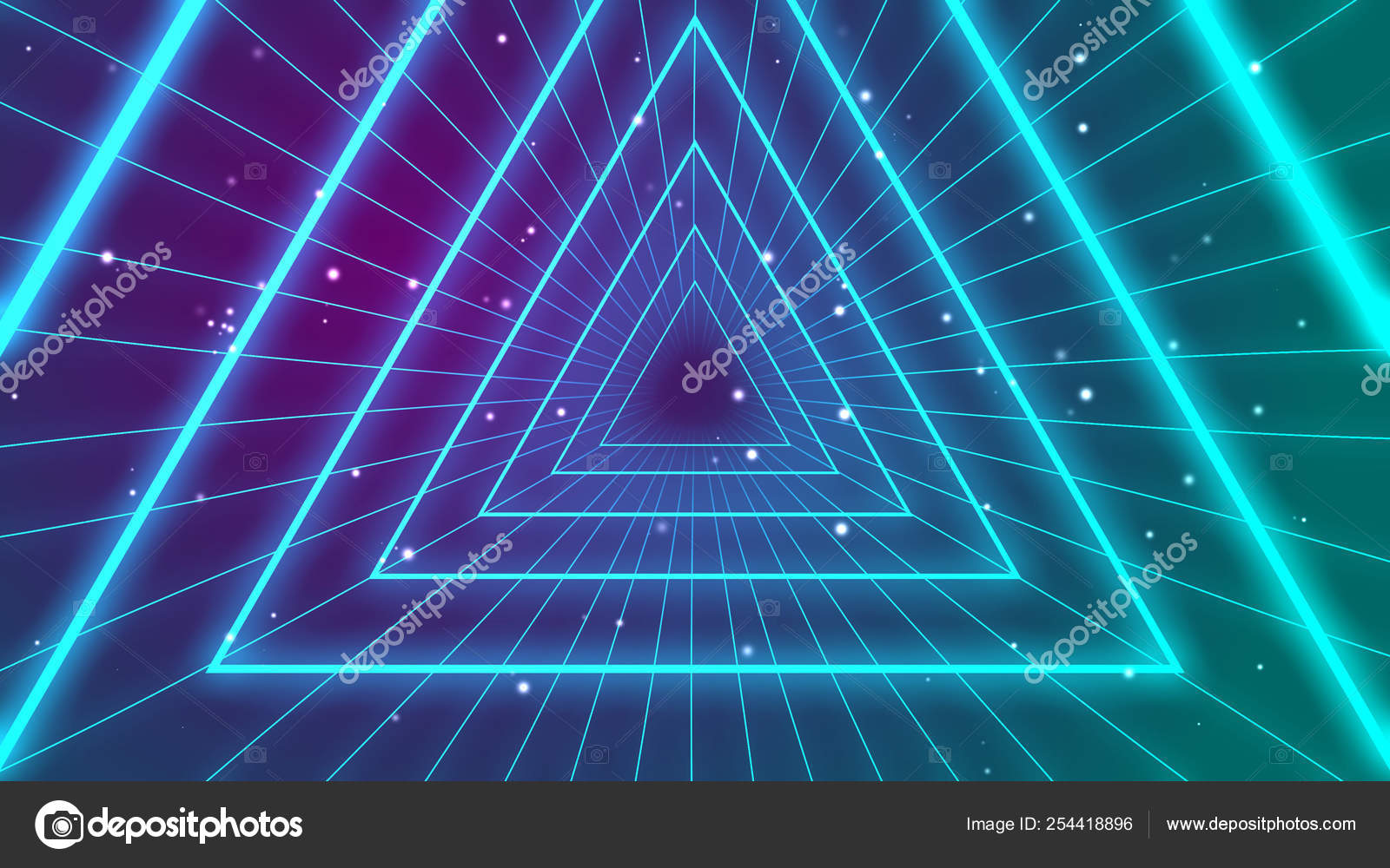 Retro 1980s synthwave glowing neon lights triangle tunnel Stock Photo ...
