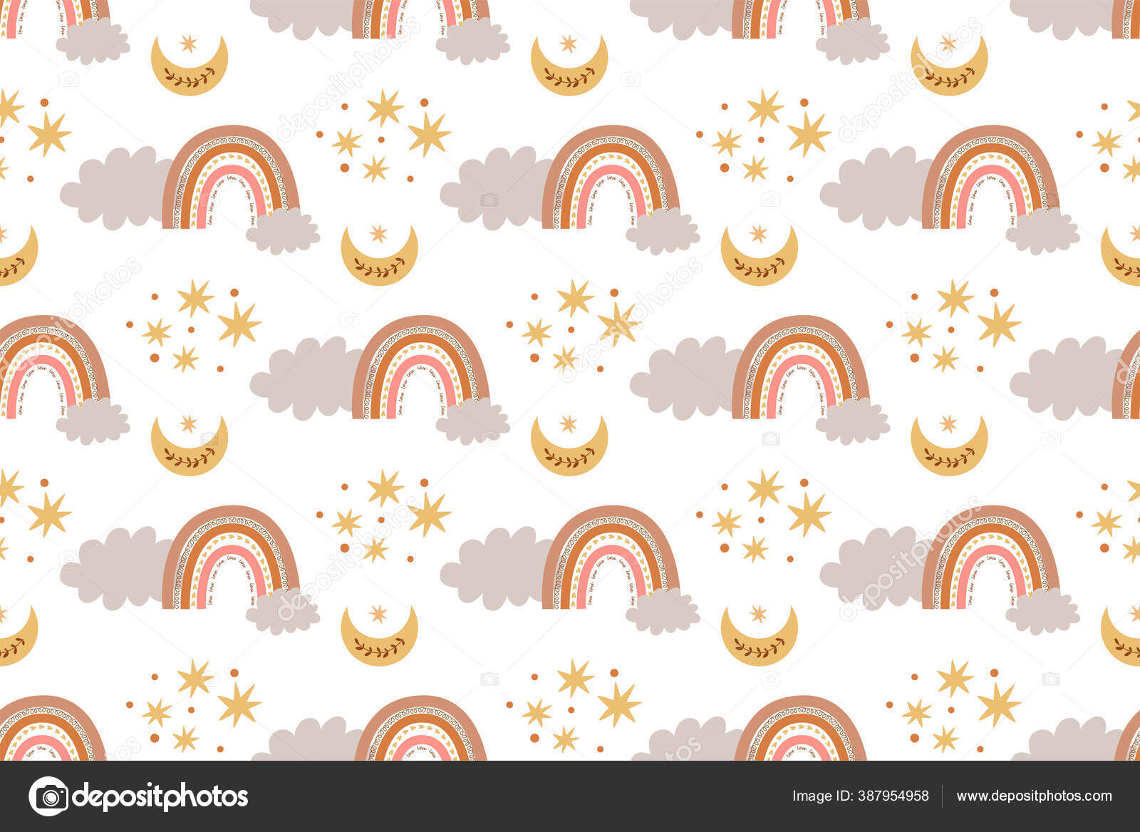 Kids boho rainbow pattern modern pastel rainbows moon clouds Baby boho ...