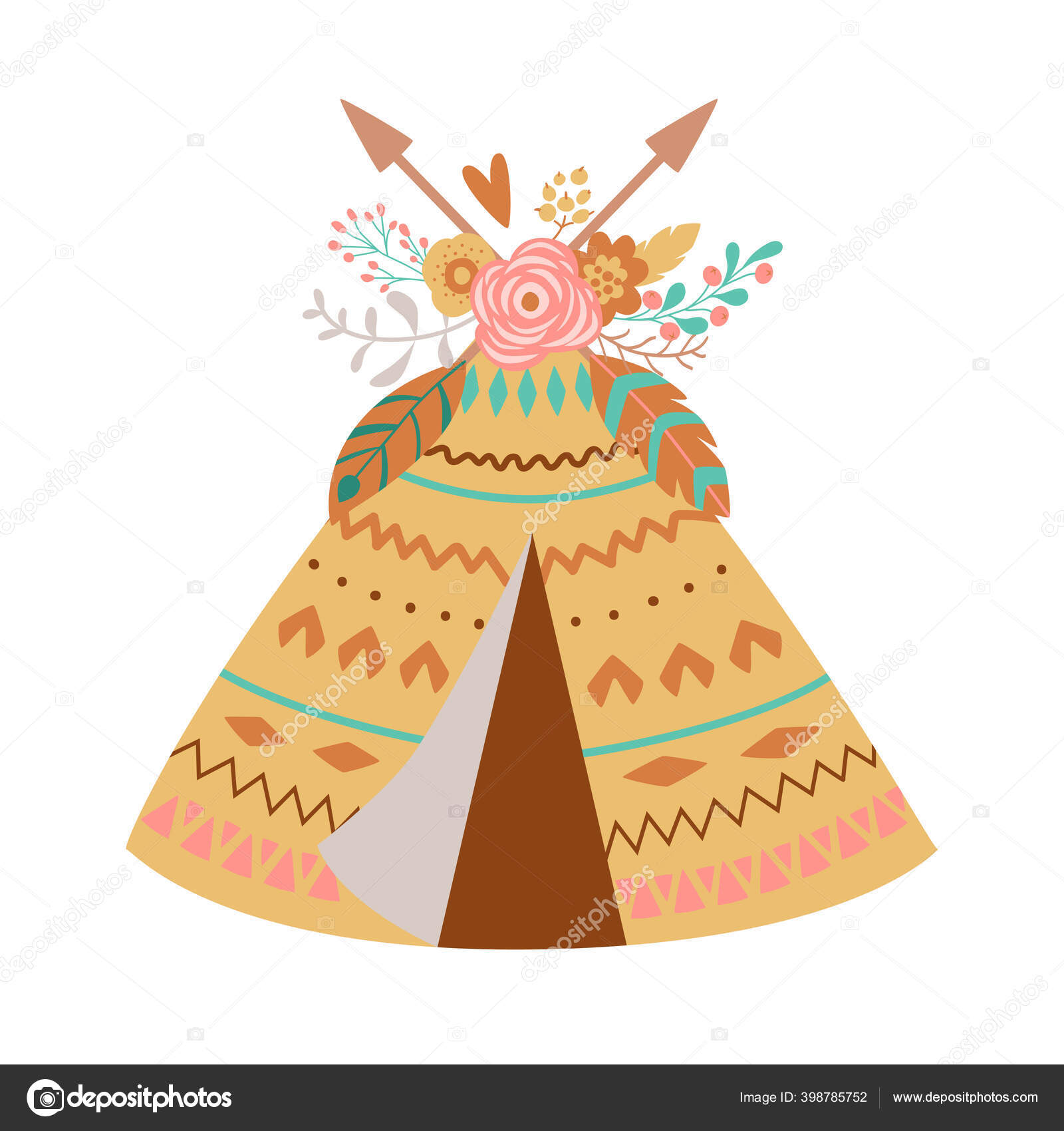 Cute boho teepee with floral bouquet, feathes, arrows. Tribal baby girl ...