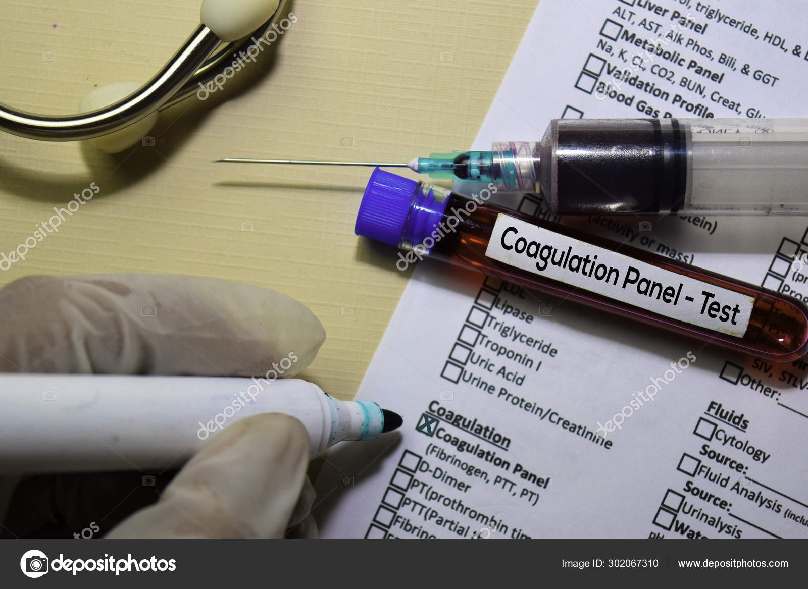 Coagulation Panel - Test with blood sample. Top view isolated on office ...