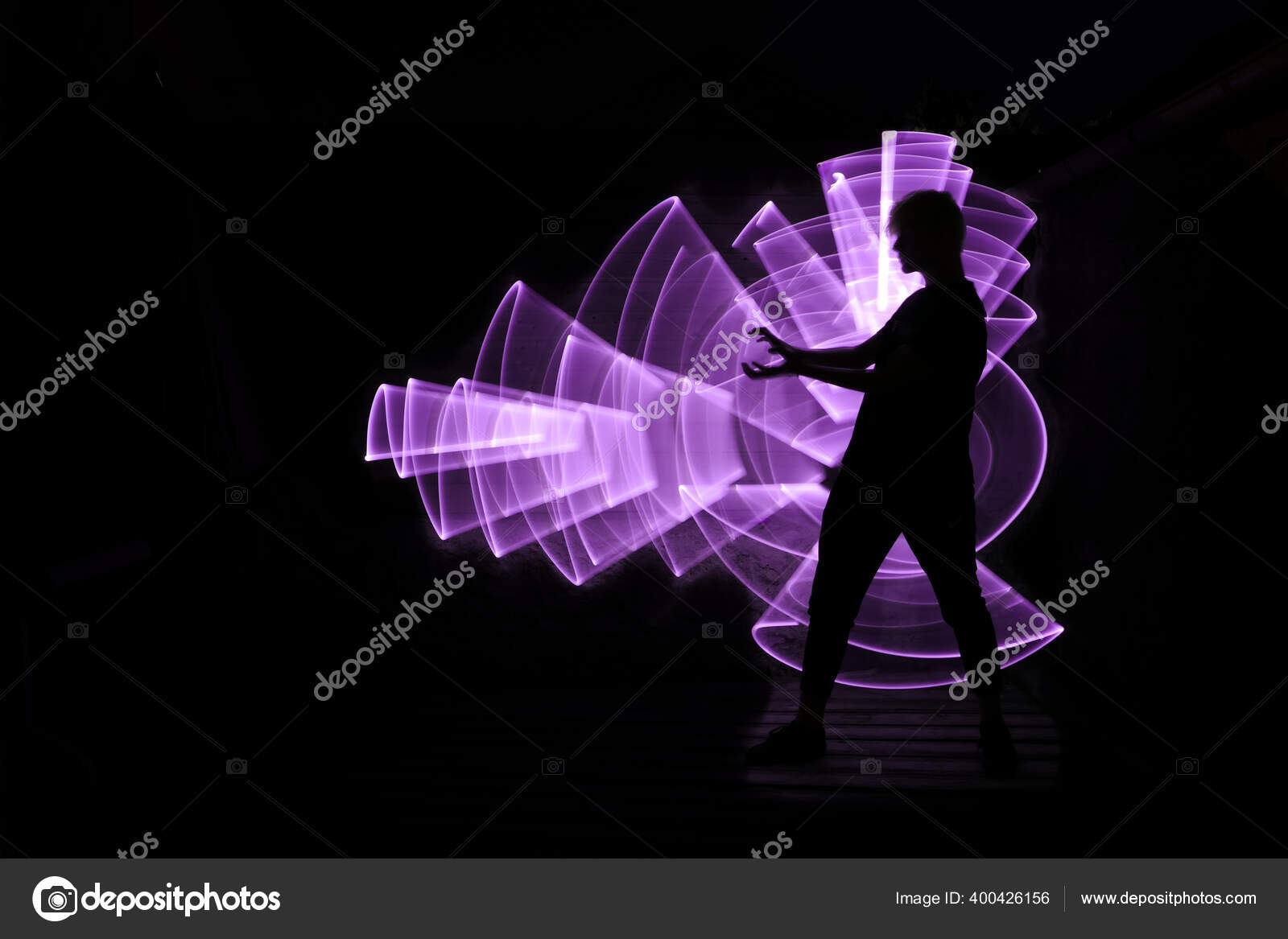Silhouette Man Standing Front Abstract Shape Light Saber Background ...