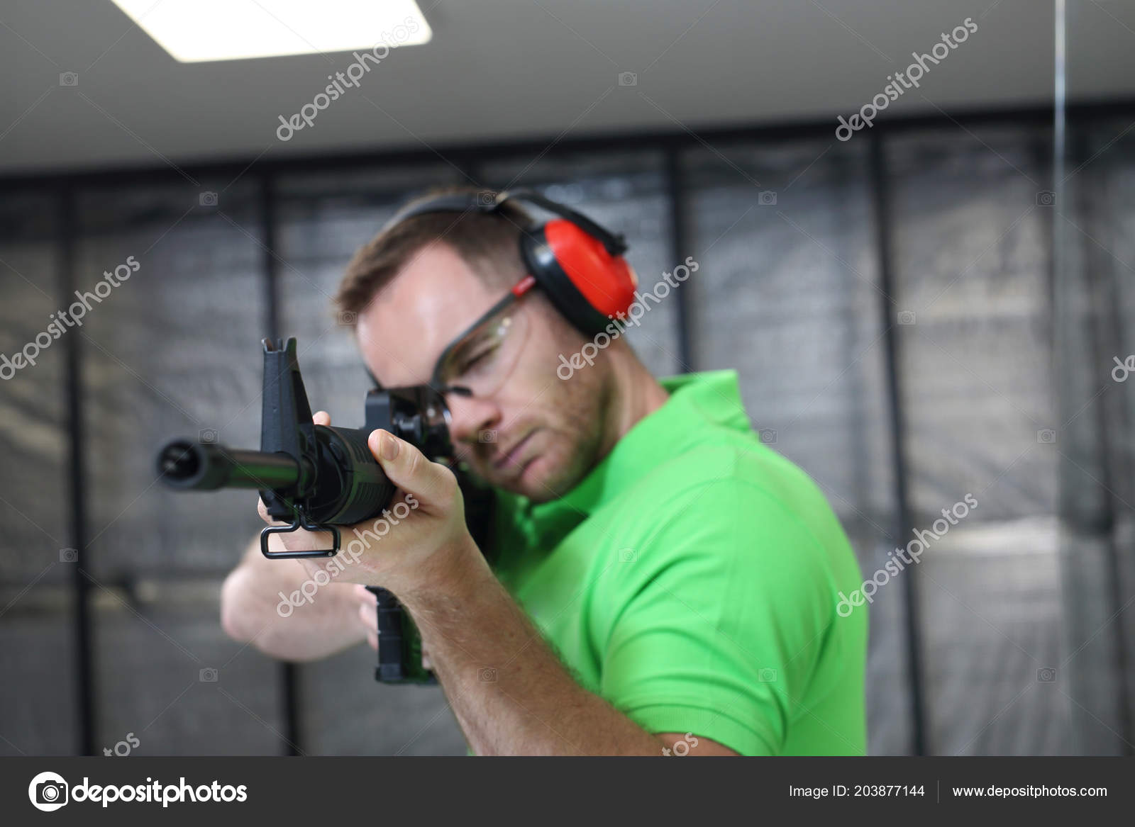 Man Shoots Rifle Handsome Man Trains Shooting Sports Shooting Range ...