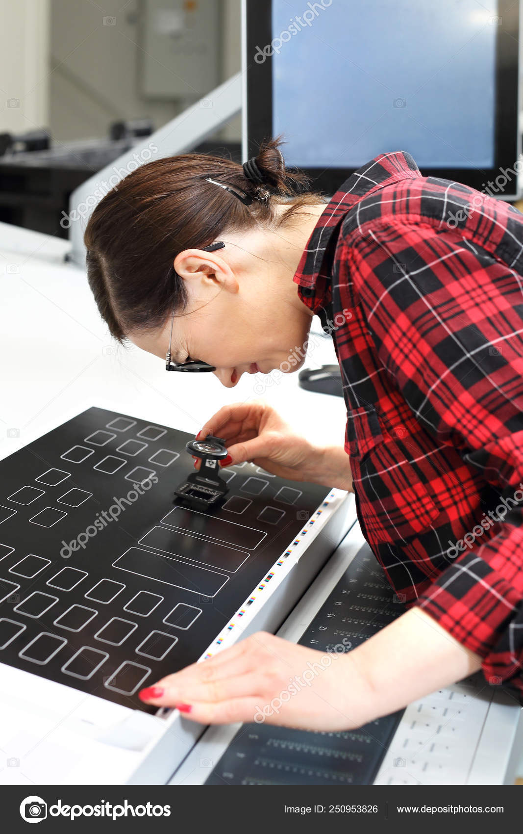 Woman Printer Stage Watching Magnifying Glass Print Quality — Stock ...