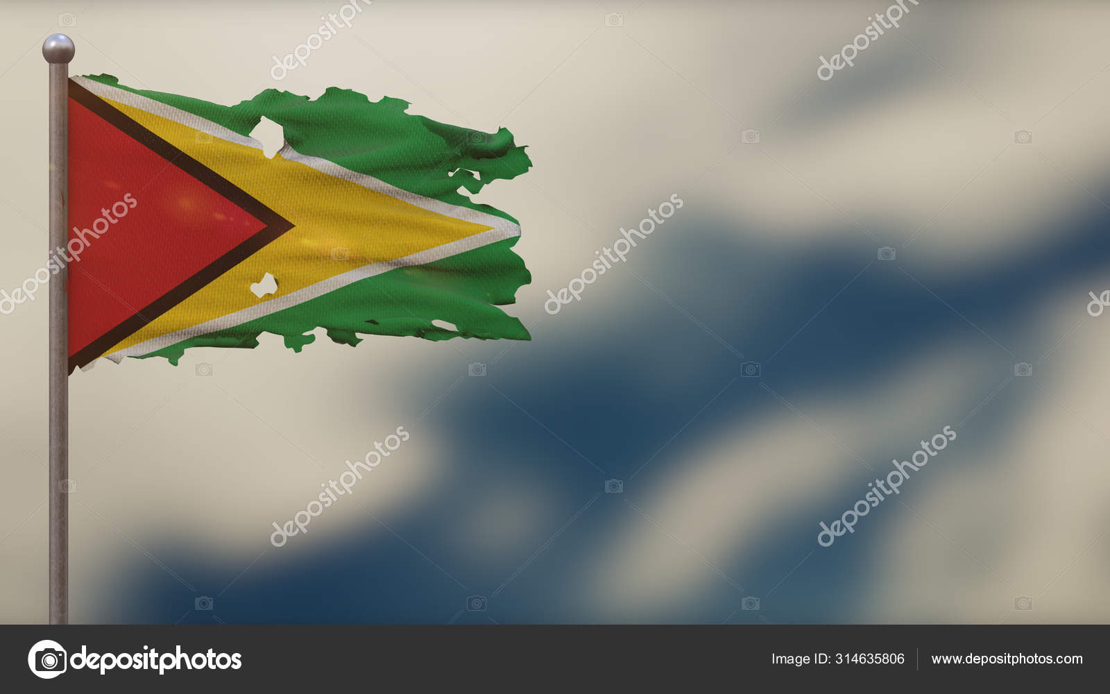 Guyana 3D tattered waving flag illustration on Flagpole. — Stock Photo © Stockphoto-RBL #314635806