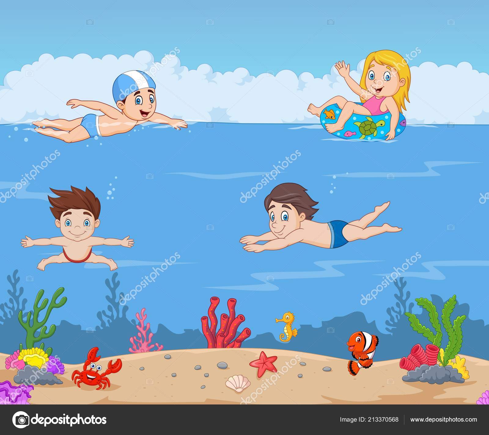 Vektor Illustration Von Cartoon Kindern Die Tropischen Ozean Schwimmen ...