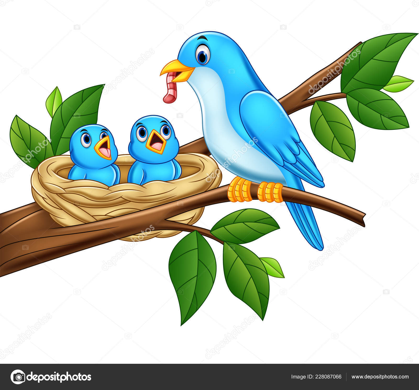 Vector Illustration Mother Blue Bird Feeding Babies Nest — Stock Vector ...