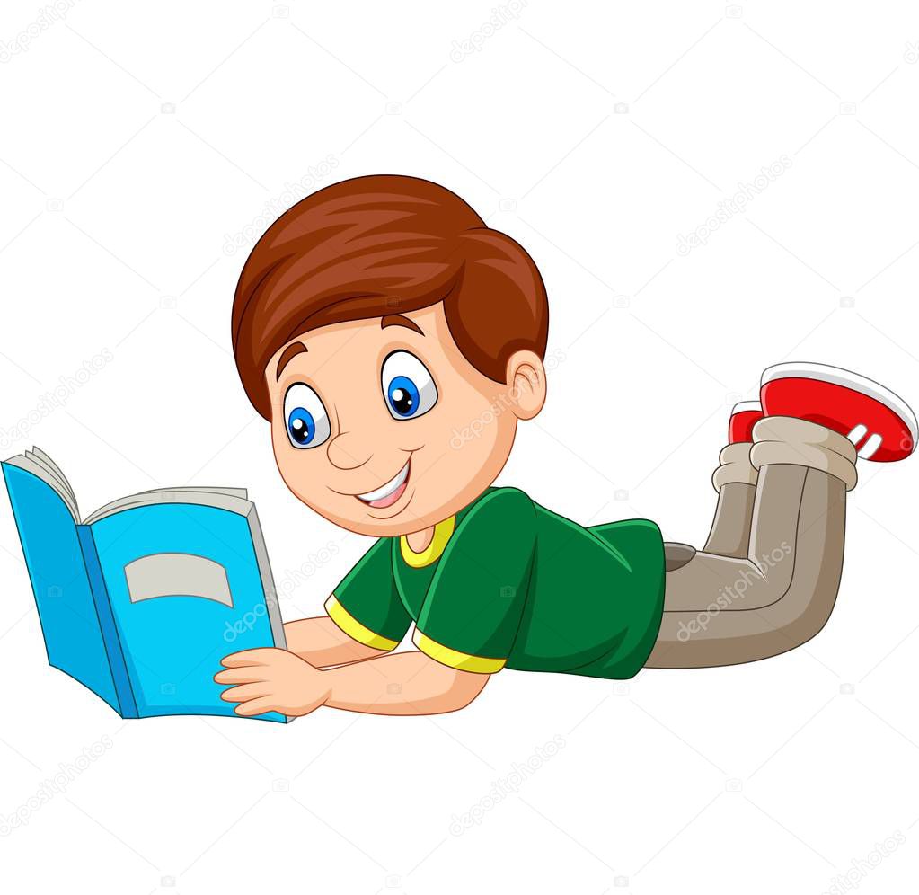 Ilustración vectorial de Cartoon boy acostado y leyendo un libro 2023